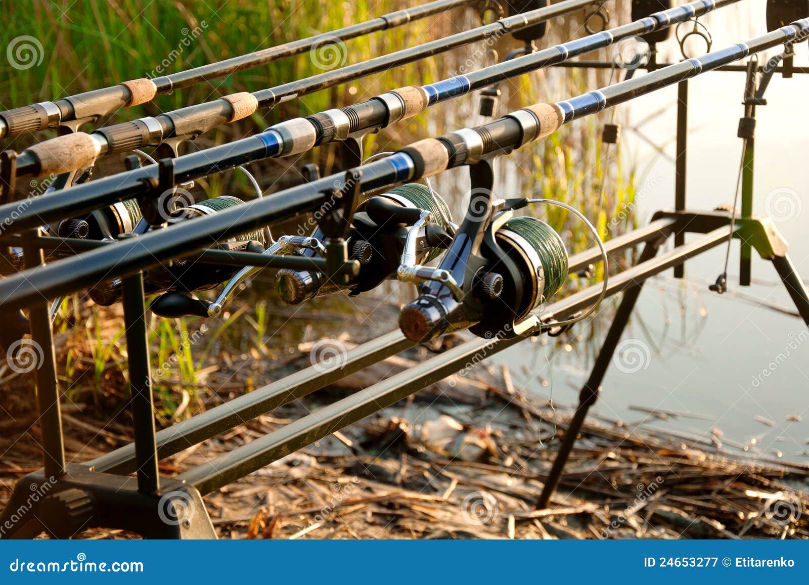 Front Drag Runner Reel on the Rod Rest Outside Stock Image - Image of ...