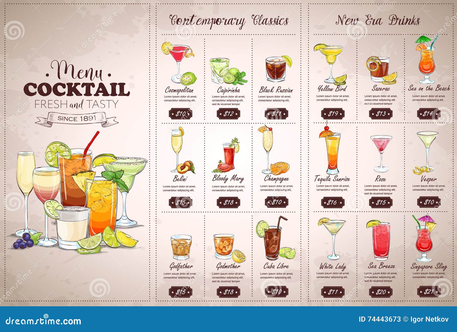 Cocktail Bar Menu Design Template Set In Retro Style Isolated On On ...