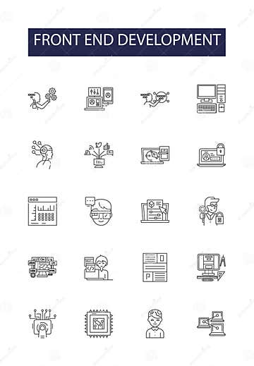 Front End Development Line Vector Icons and Signs. CSS, JavaScript, JQuery, React, Angular, AJAX ...