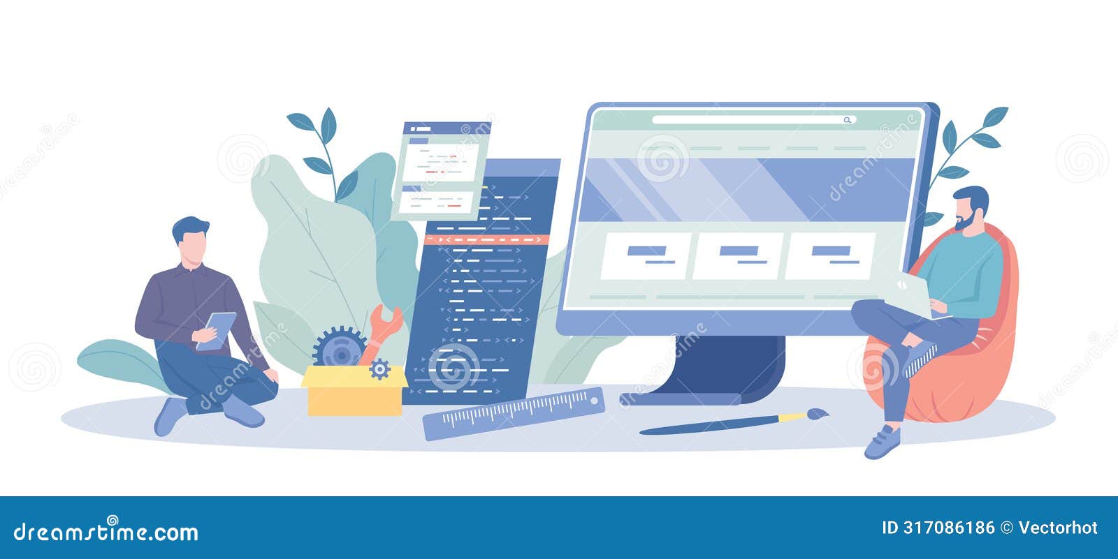 Front End Development. Programming and Coding. Front End Developers Work on Web Interfaces Stock ...