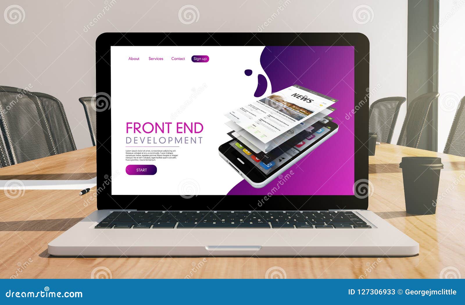 Front End Screen Laptop on Conference Room Mockup Stock Image - Image ...