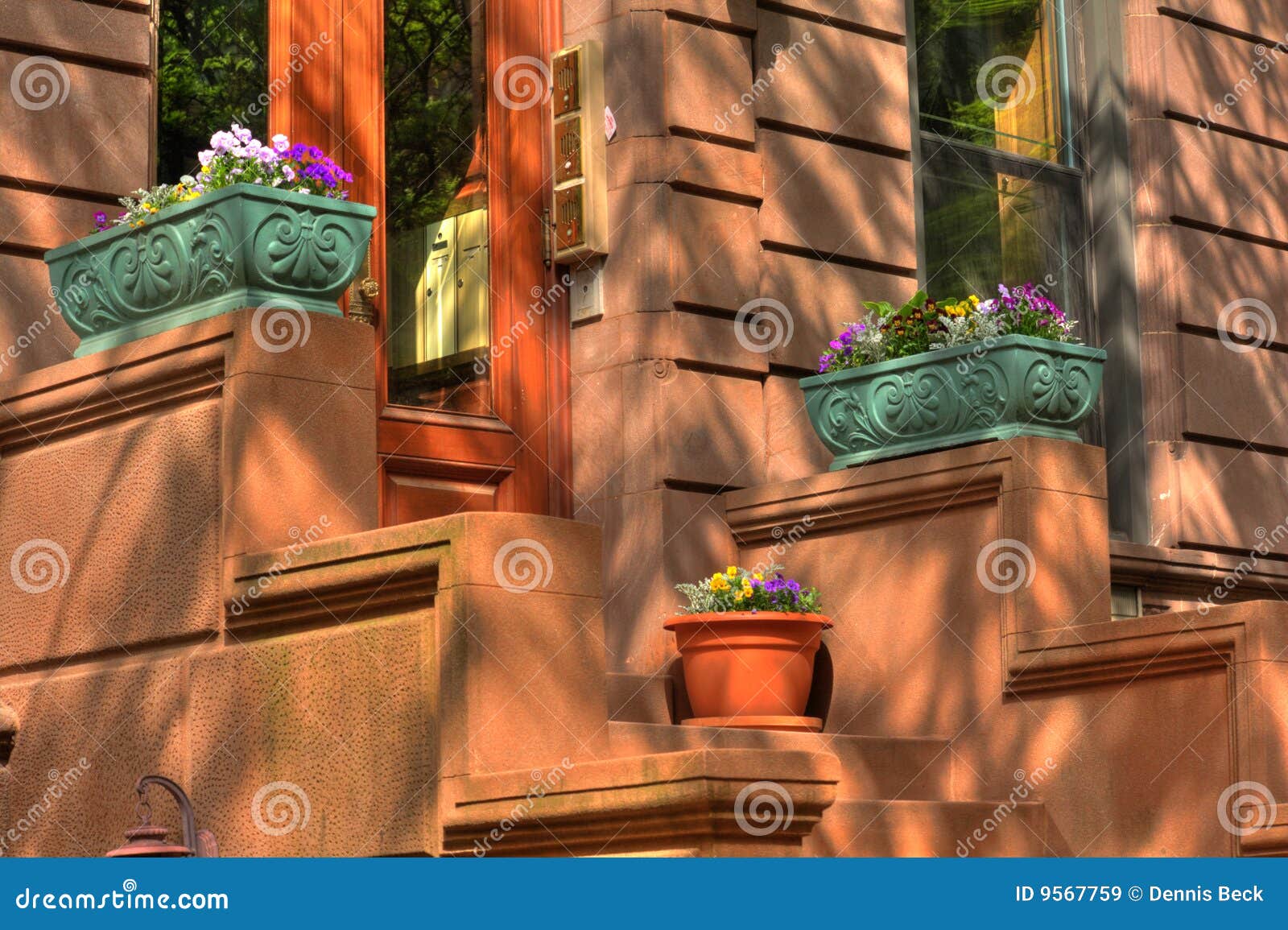 Front Entrance To NYC Brownstone Stock Image - Image of door, flowers ...