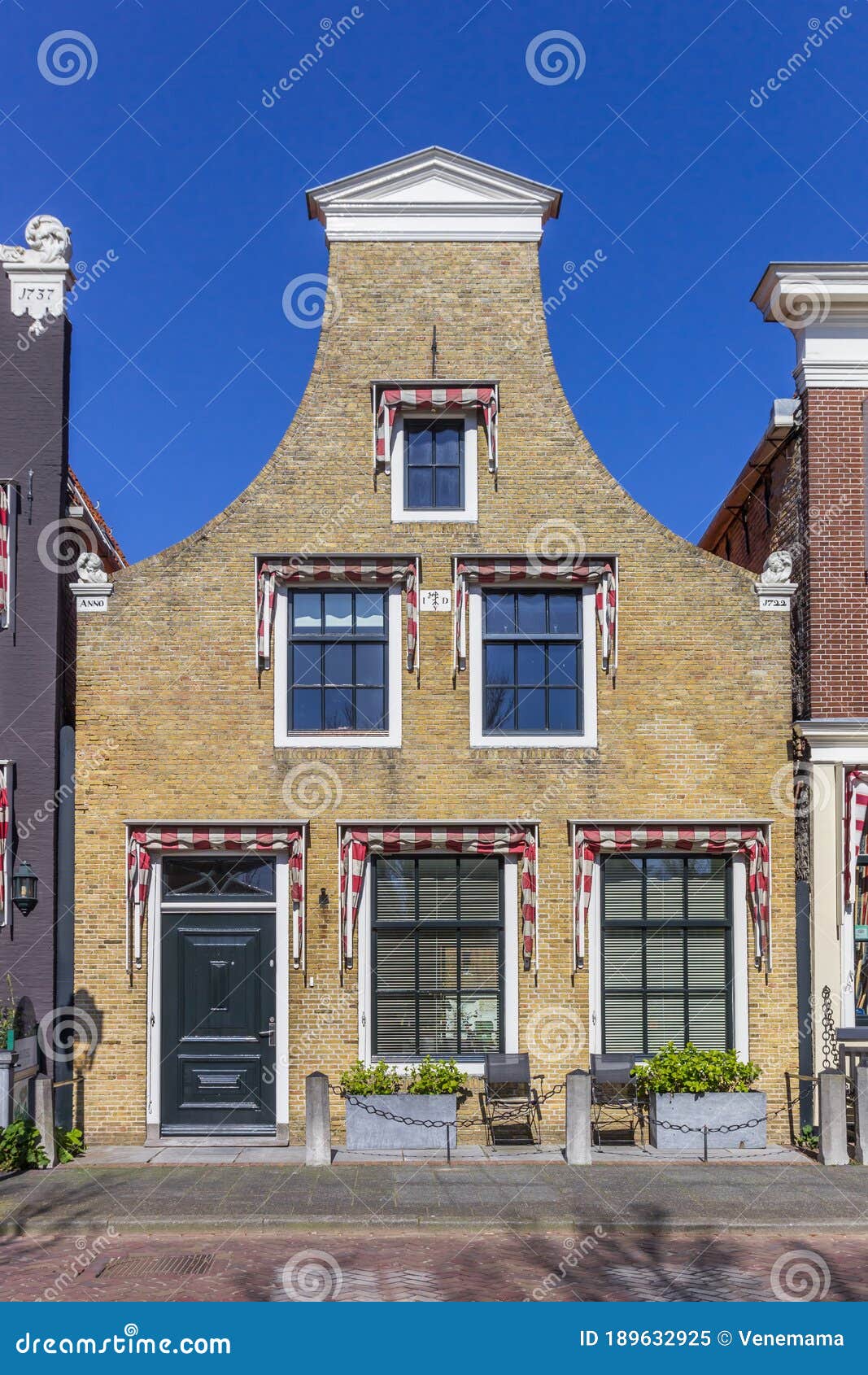 Front Facade of a Historic House with Clock Gable in Harlingen Stock Image - Image of blue ...
