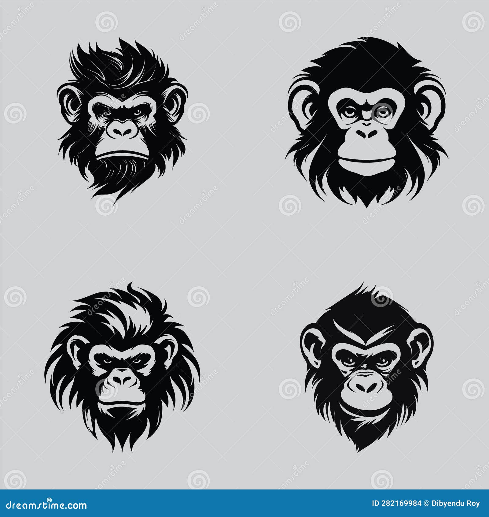 Front-Facing Black Silhouette Monkey Head Logo Set: Expressive Vector ...