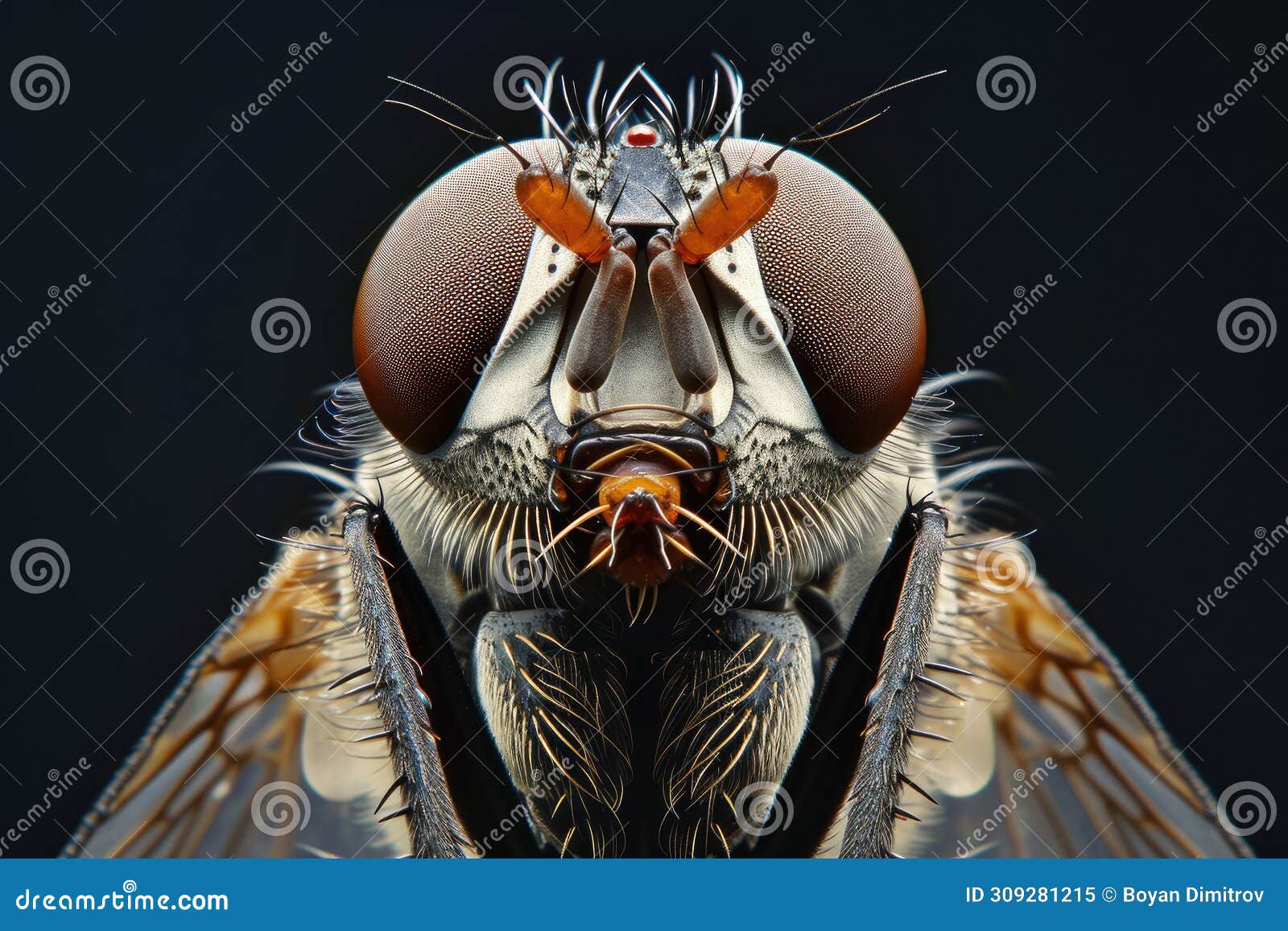 Close-Up View of a Flys Head and Antenna Detail Against a Dark ...