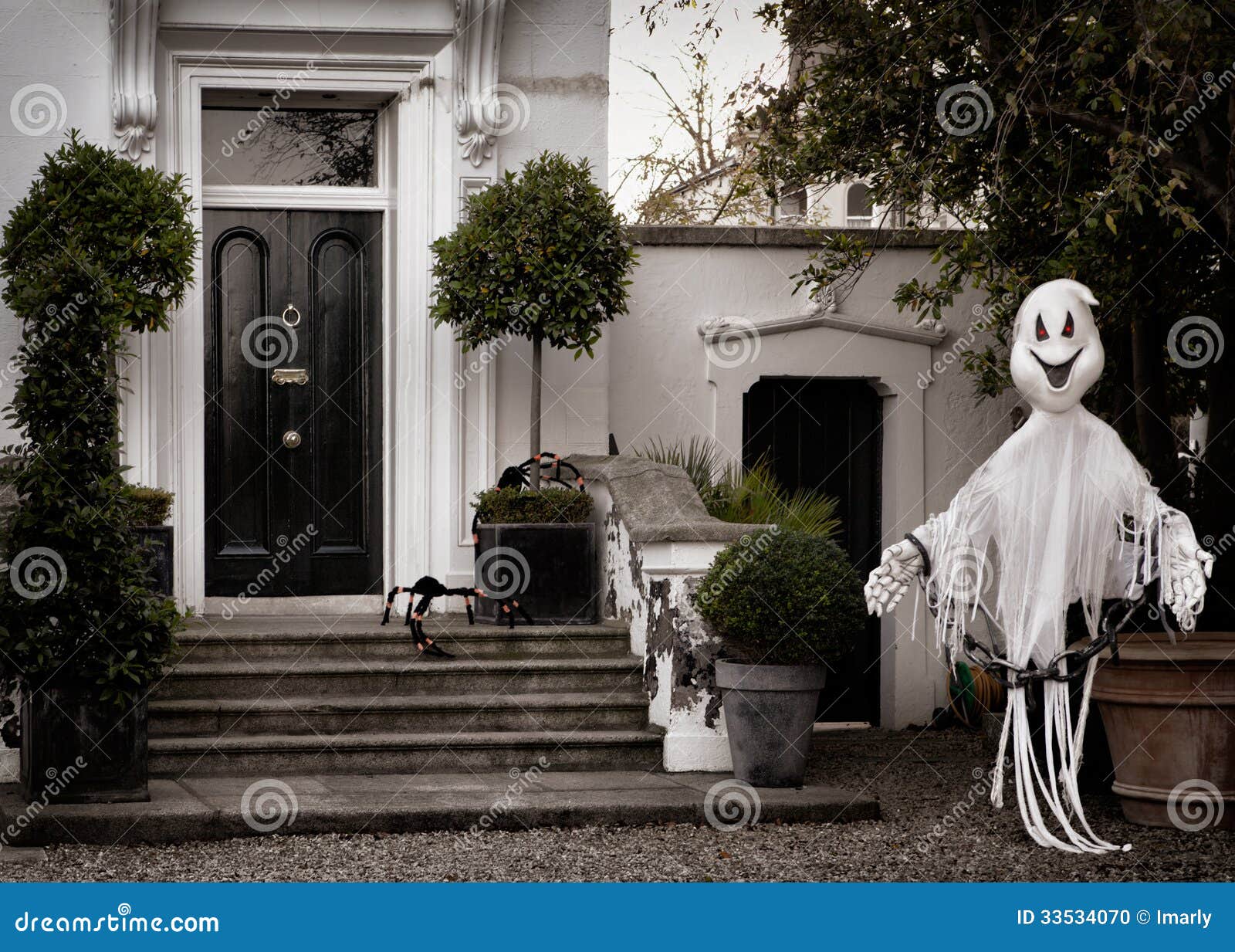 Front Garden Decoration for Halloween with Scary Ghost Stock Photo ...