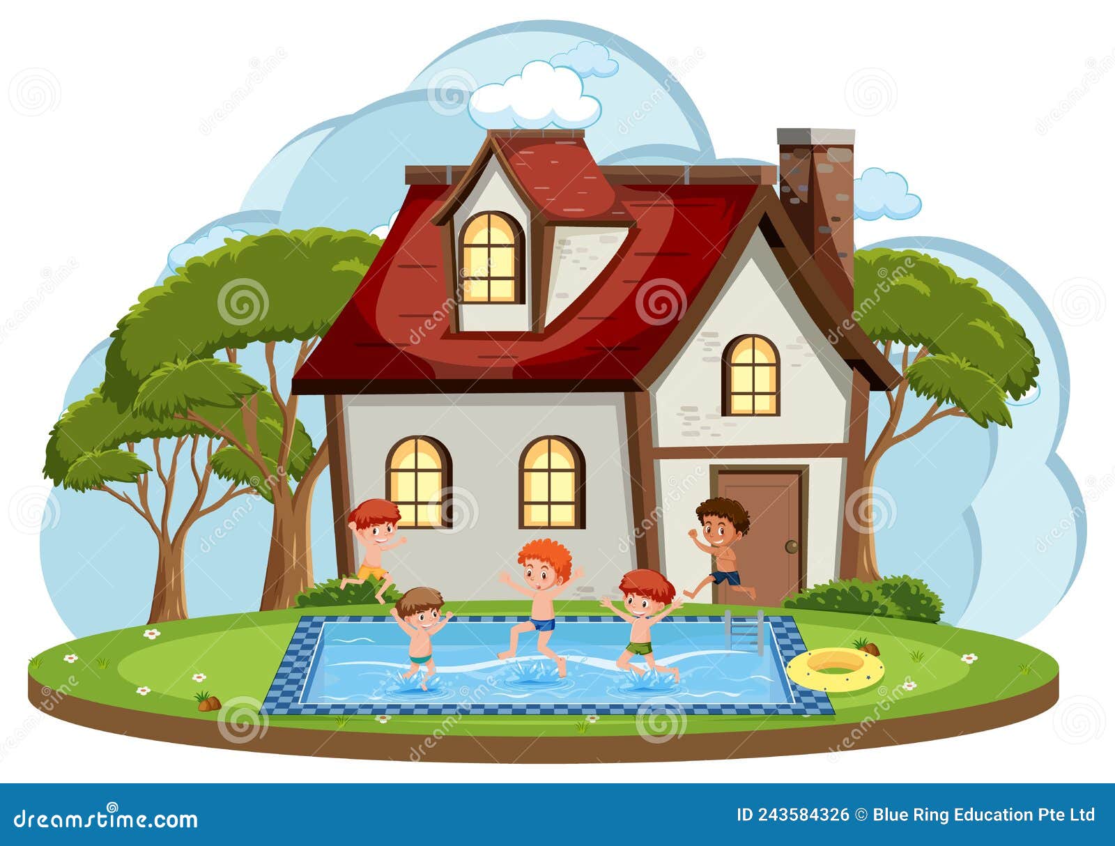 In Front of House with Children Swimming in the Pool Stock Vector ...