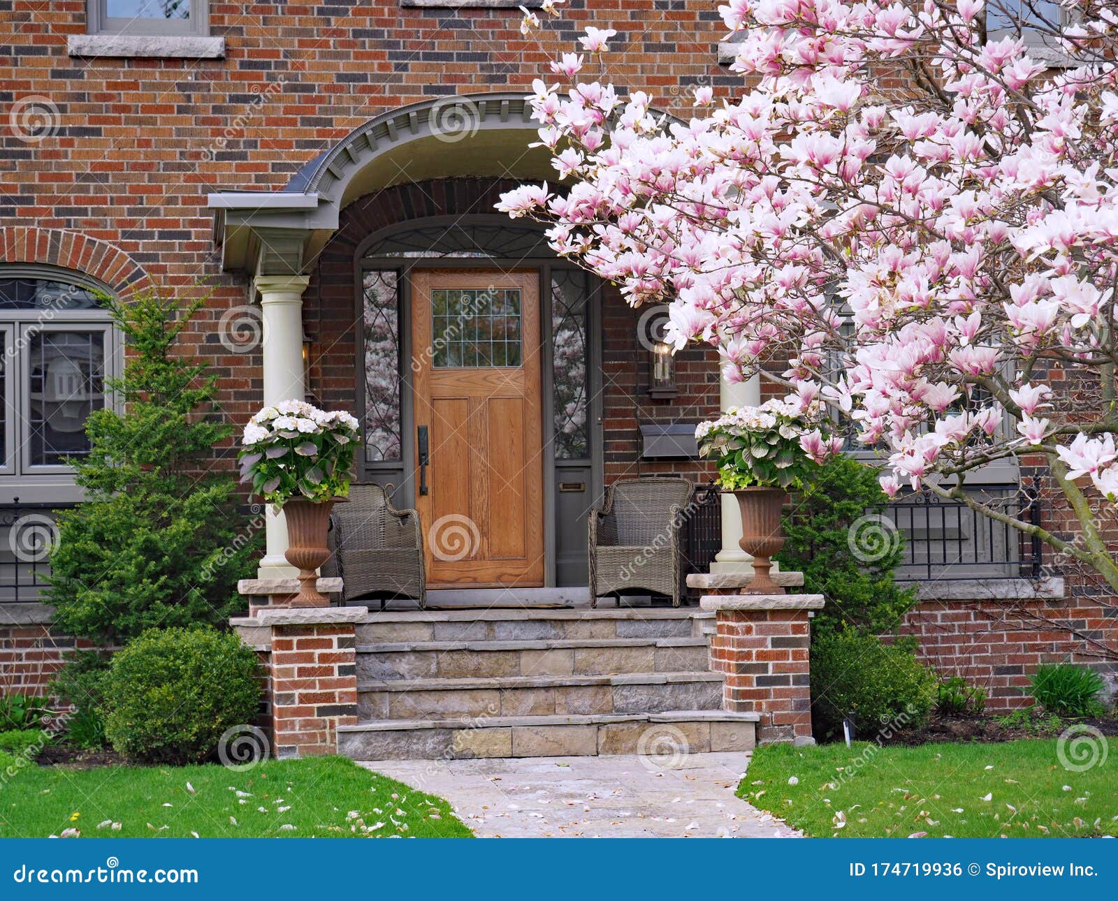 Front of House with Magnolia Tree Stock Photo - Image of porch ...