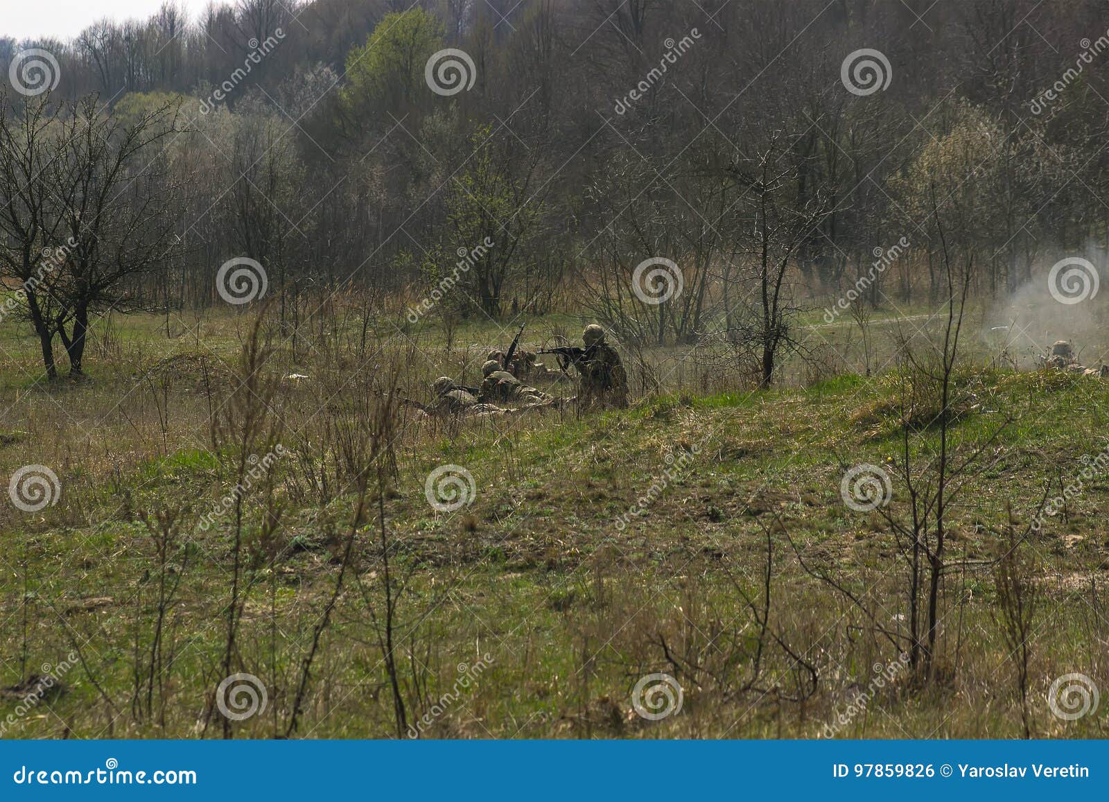 Front Line. Military Attack on Battlefield from Ambush Stock Photo ...