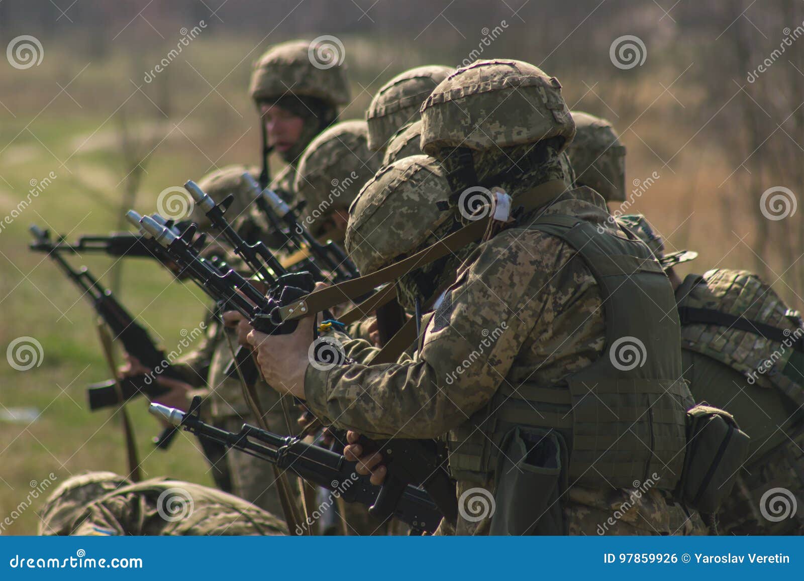 Front Line. Military Attack on Battlefield from Ambush Stock Photo ...