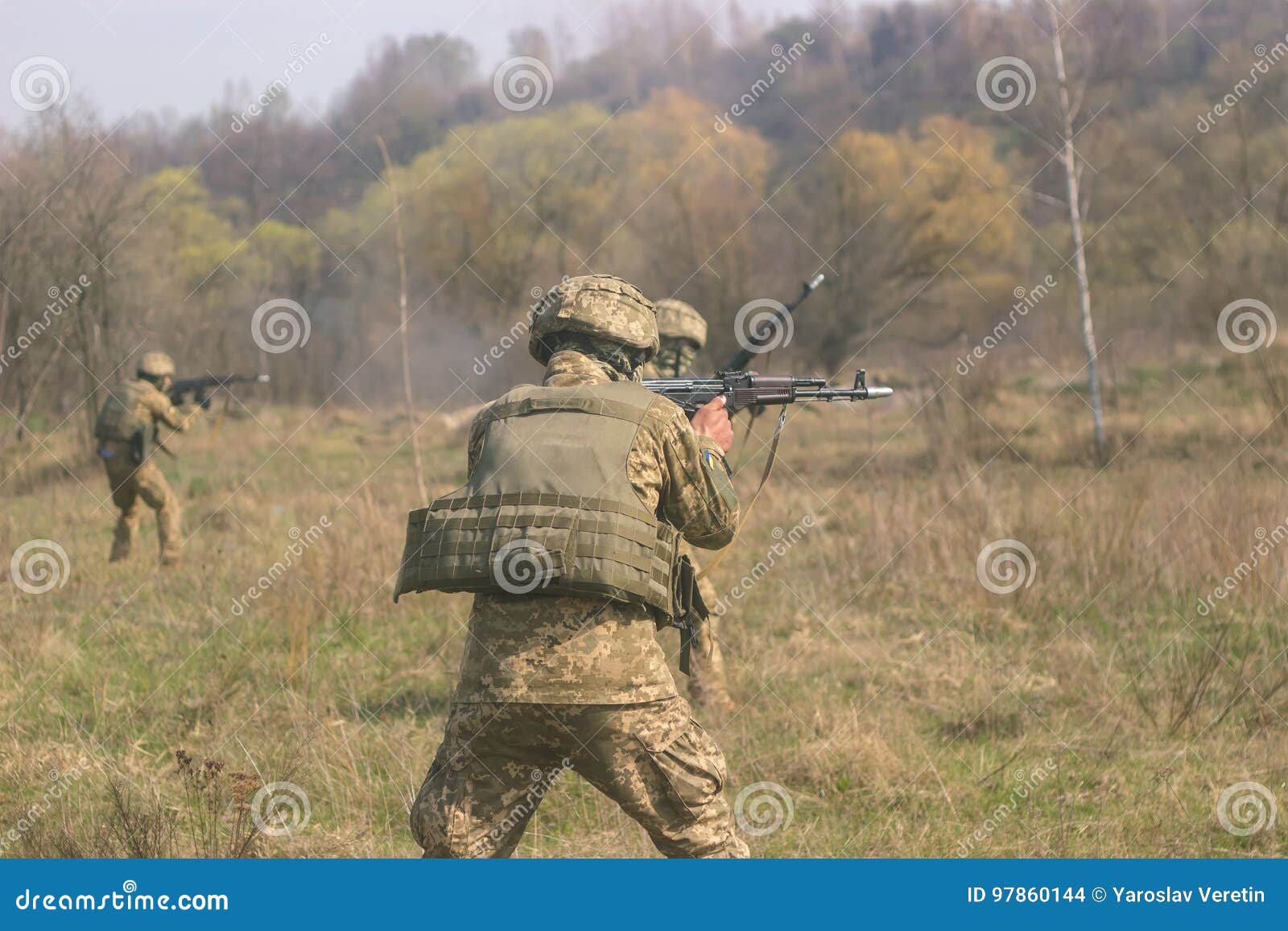Front Line. Military Attack on Battlefield from Ambush Stock Photo ...