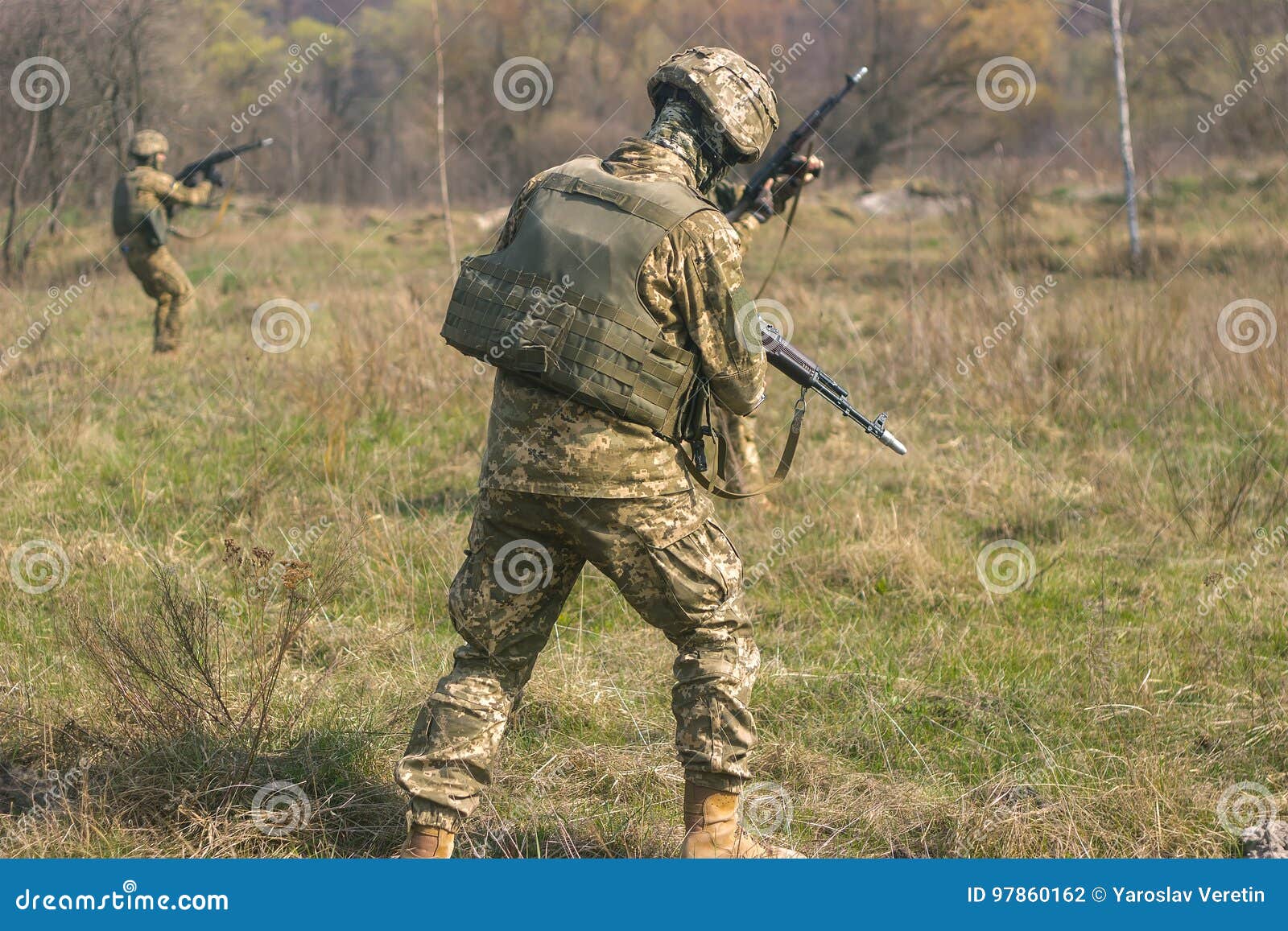 Front Line. Military Attack on Battlefield from Ambush Stock Photo ...