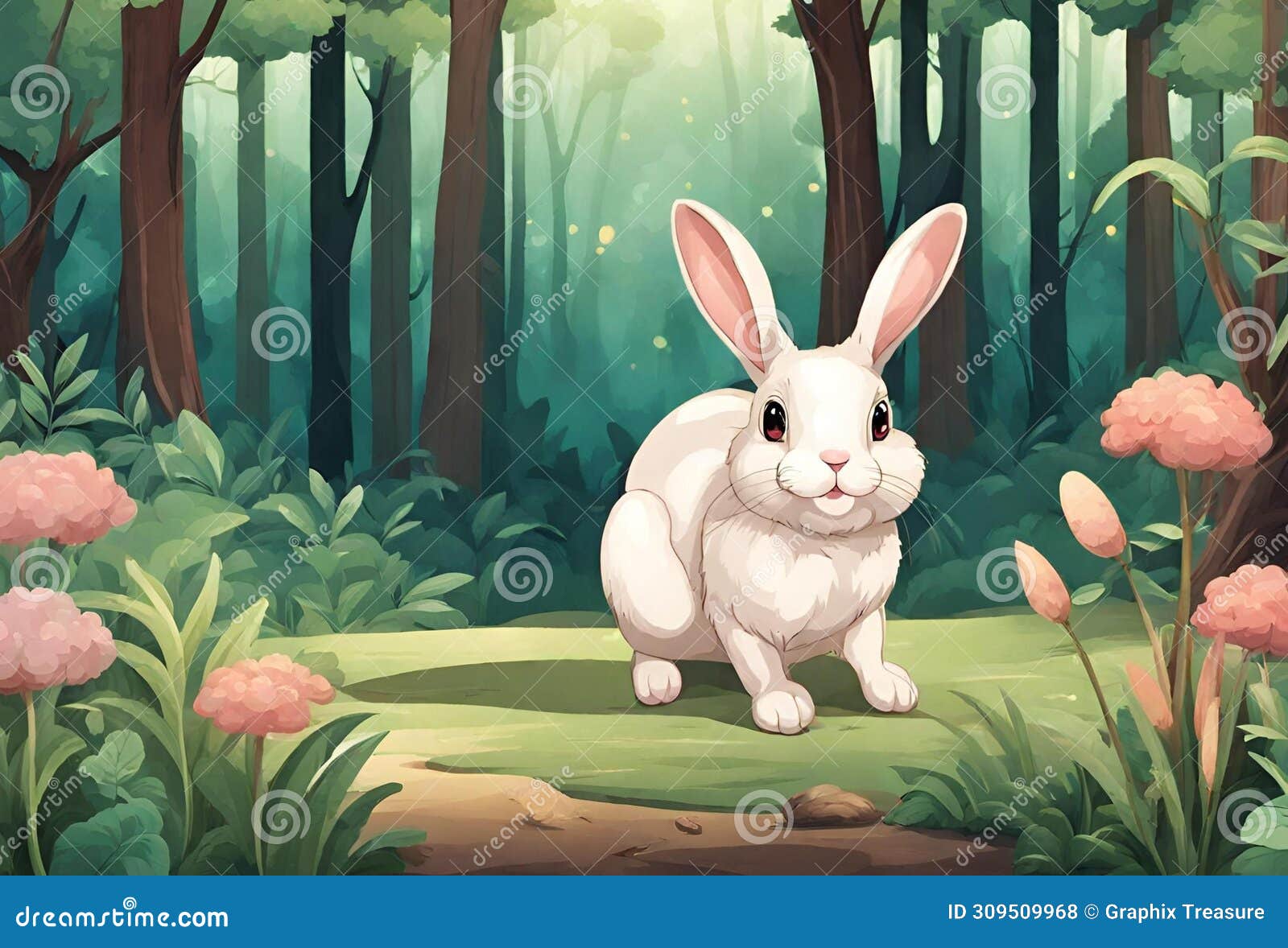 Front Look of Cute Rabbit on Forest Background Generative AI Stock ...