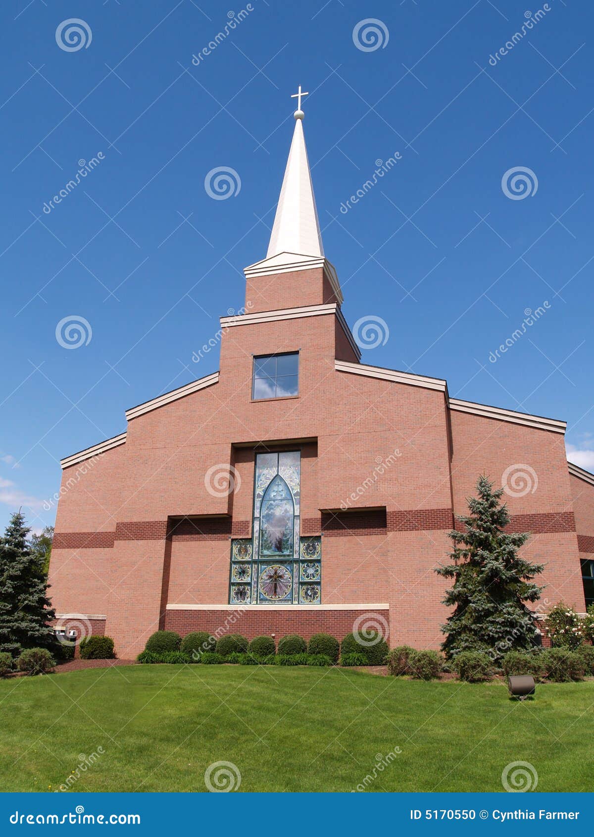 Front of a Modern Red Brick Church Stock Photo - Image of blue ...