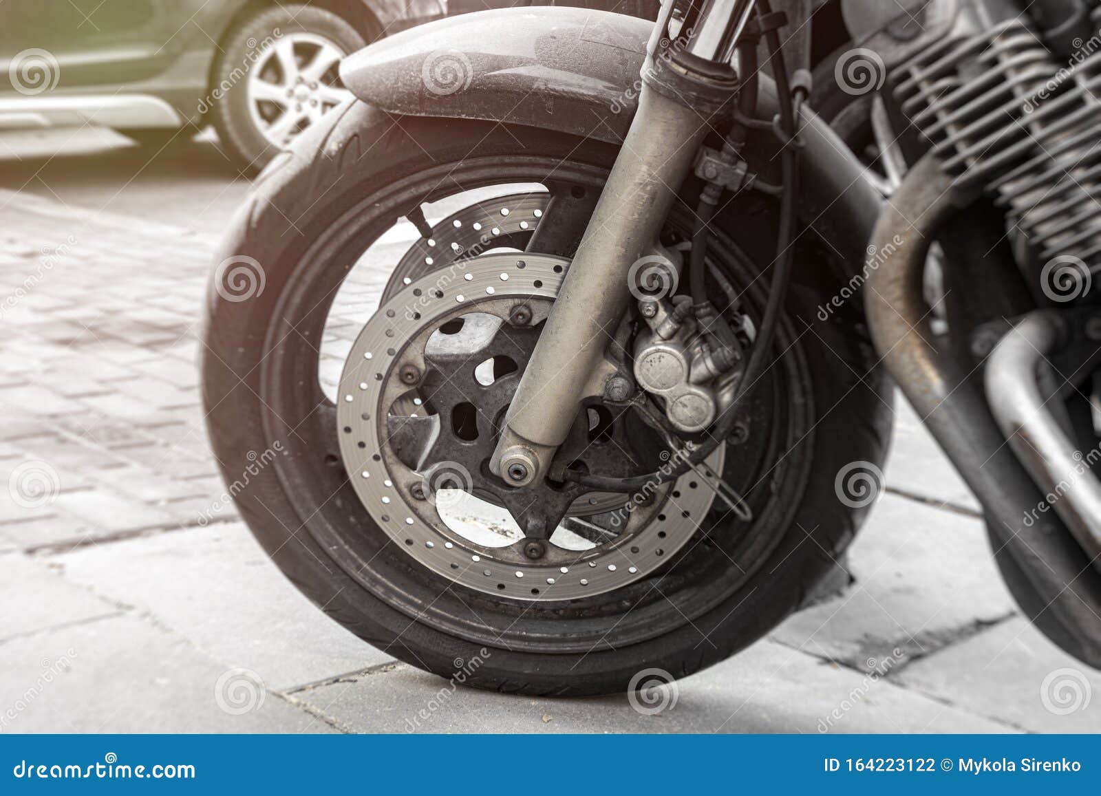 Front of the Motorcycle, Wheel, Disc Brakes Closeup Stock Photo - Image ...