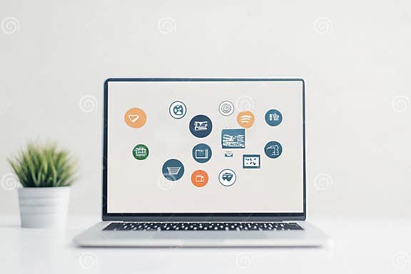 Front and Open Computer with Icons , Representing the Digital World and ...