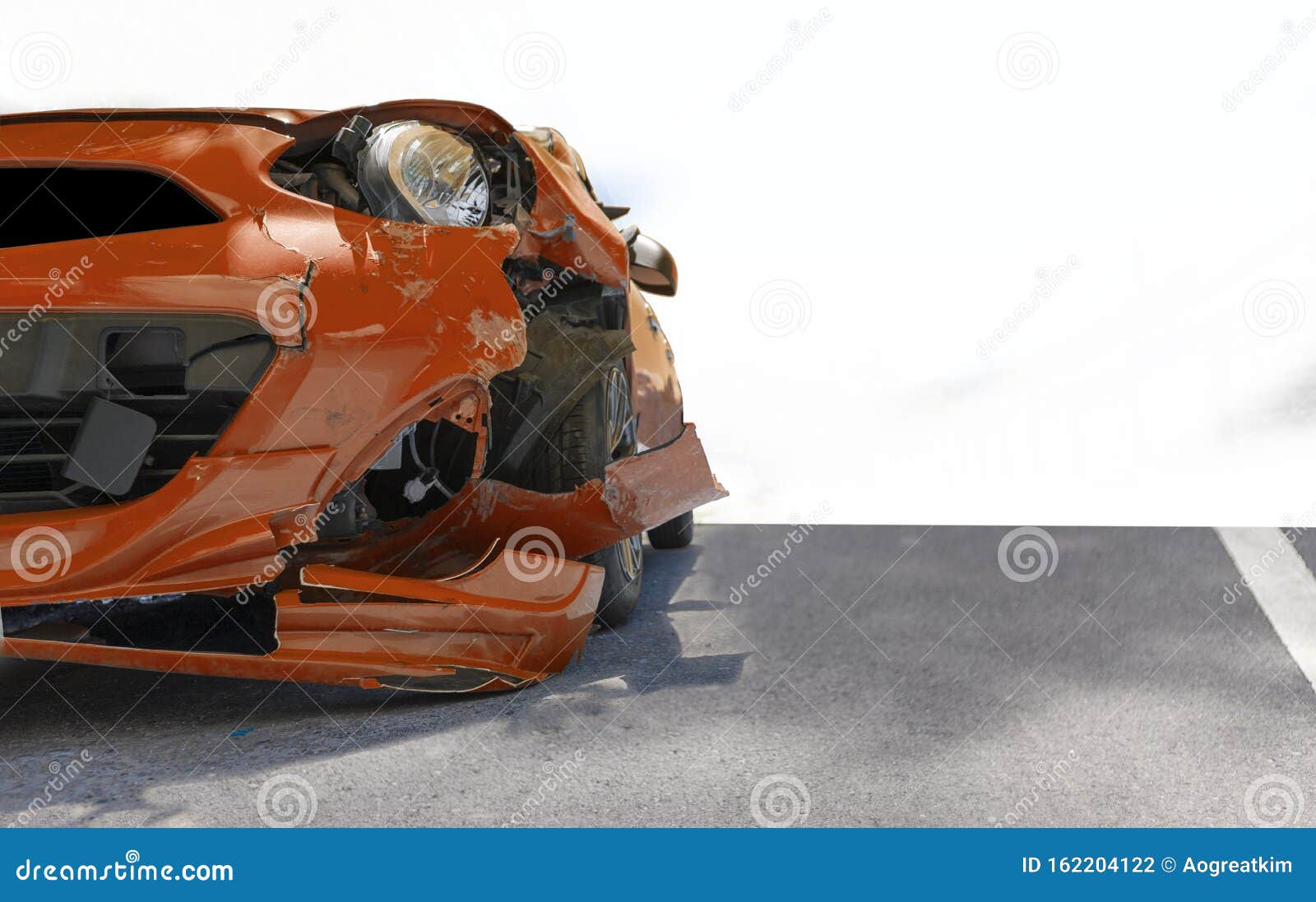 Front of Orange Color Car Damaged and Broken by Accident . Isolate on ...