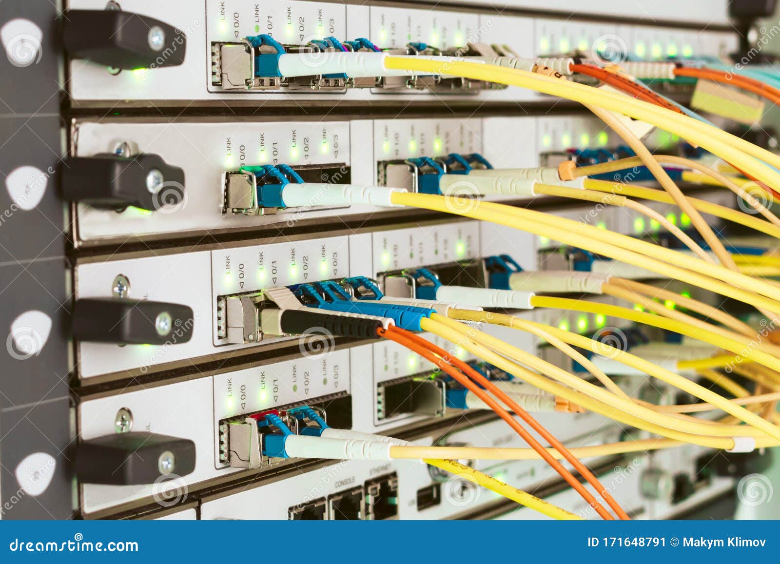 Front Panel of the Central Router. Fiber Optic Communication Lines of ...
