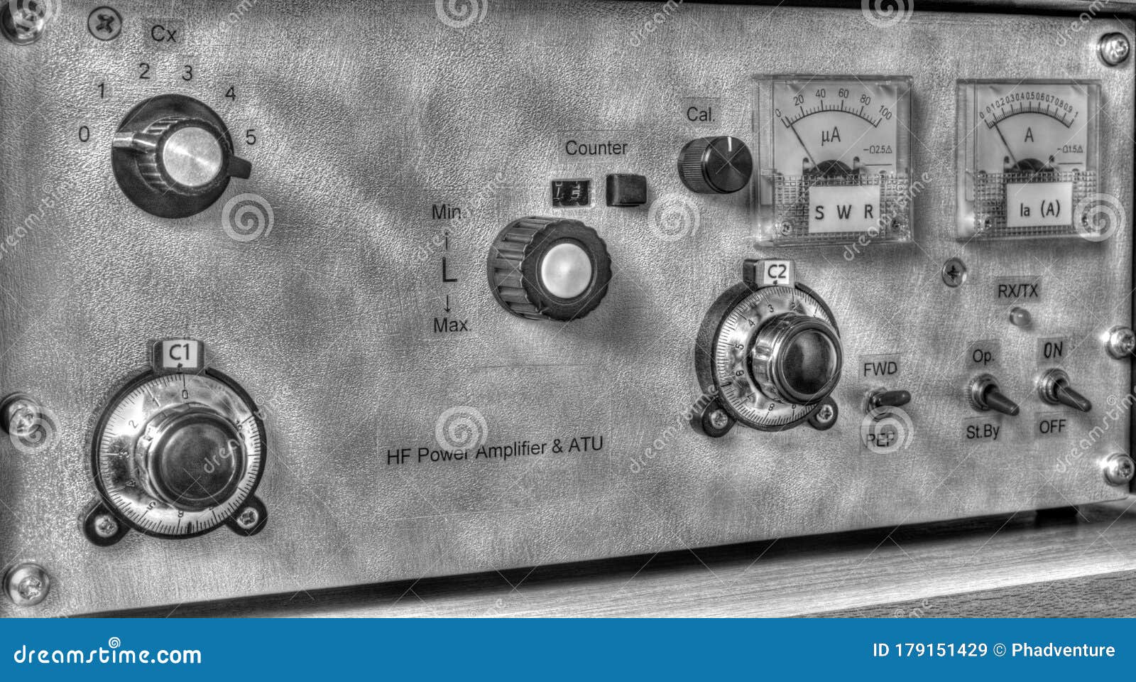 Front Panel of a High Frequency Power Amplifier in Black and White ...