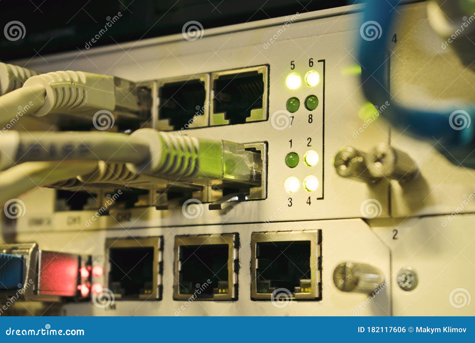 Front Panel of an Old Internet Switch. Network Interfaces and Cables ...
