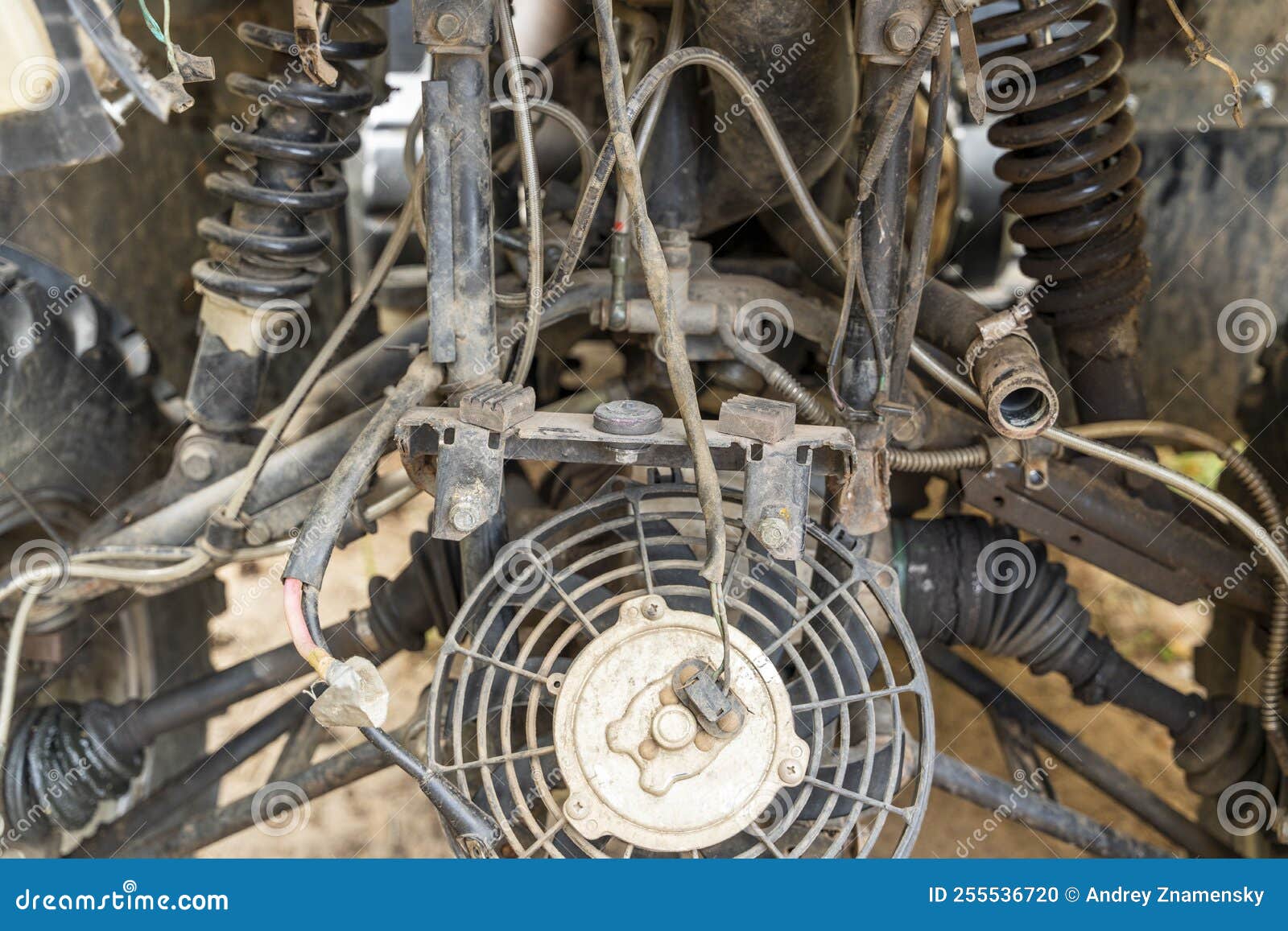 The Front Part of a Broken and Disassembled ATV in Need of Repair Stock ...