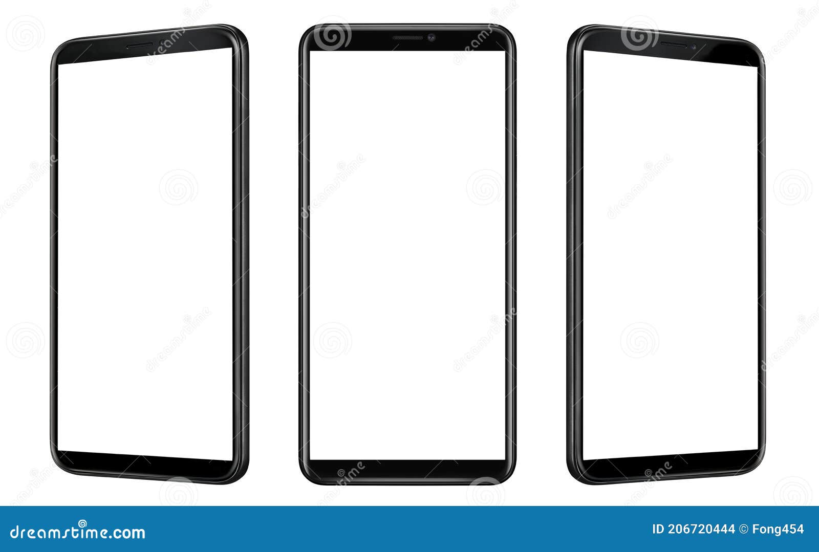 Front and Perspective View of Black Smartphone with Blank Screen and ...