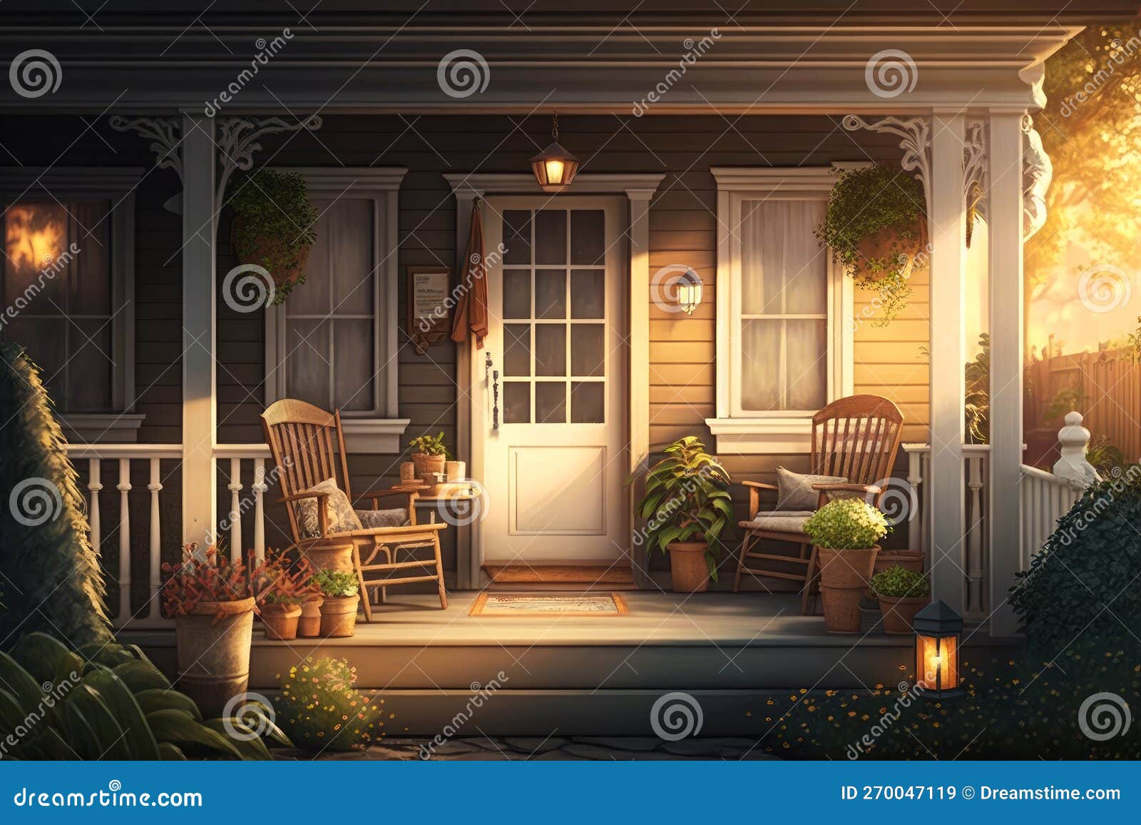 The Front Porch of House at Sunset. Generative AI Stock Illustration ...