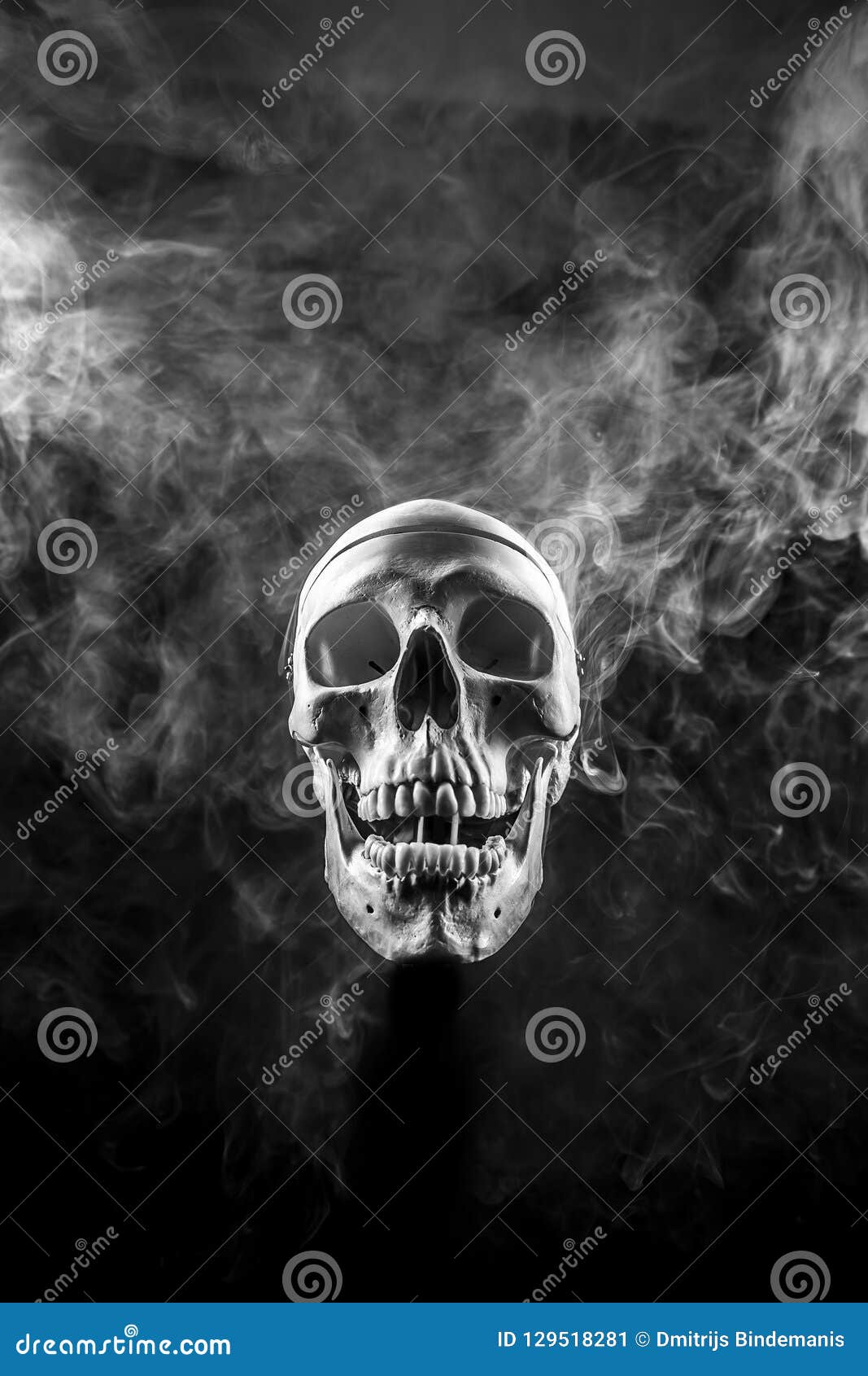 Front of Real Skull in Abstract Smoke Isolated on Black Background ...