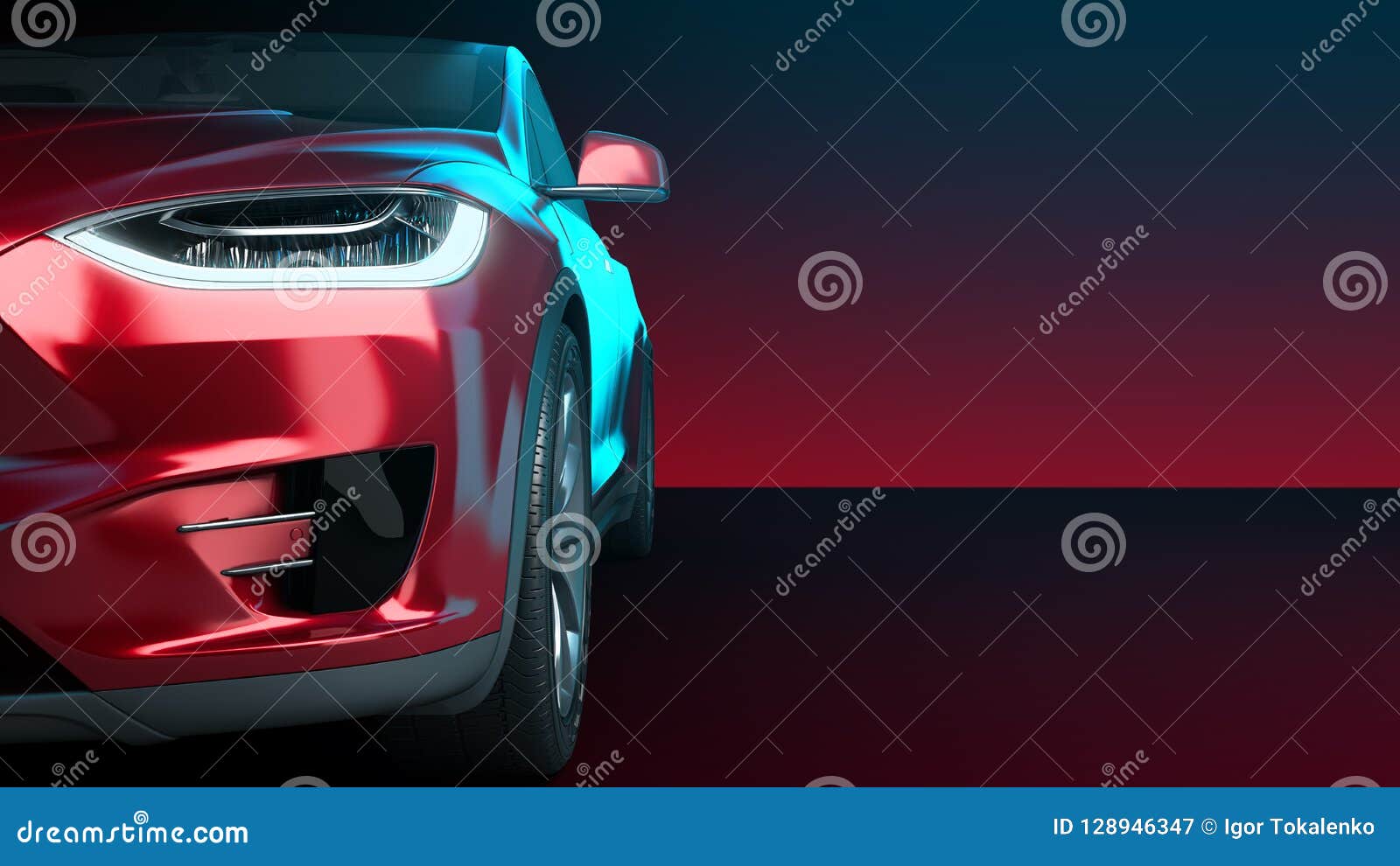 Front of the Red Car Front View 3d Render in Darck Stock Illustration ...