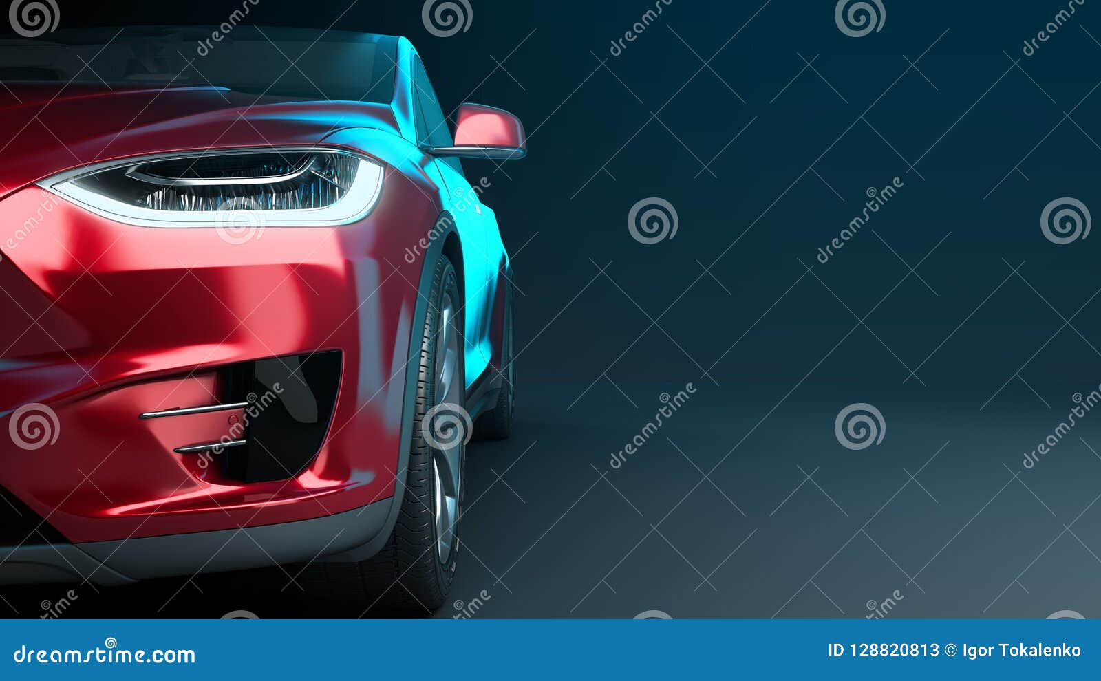 Front of the Red Car Front View 3d Render in Darck Stock Illustration ...