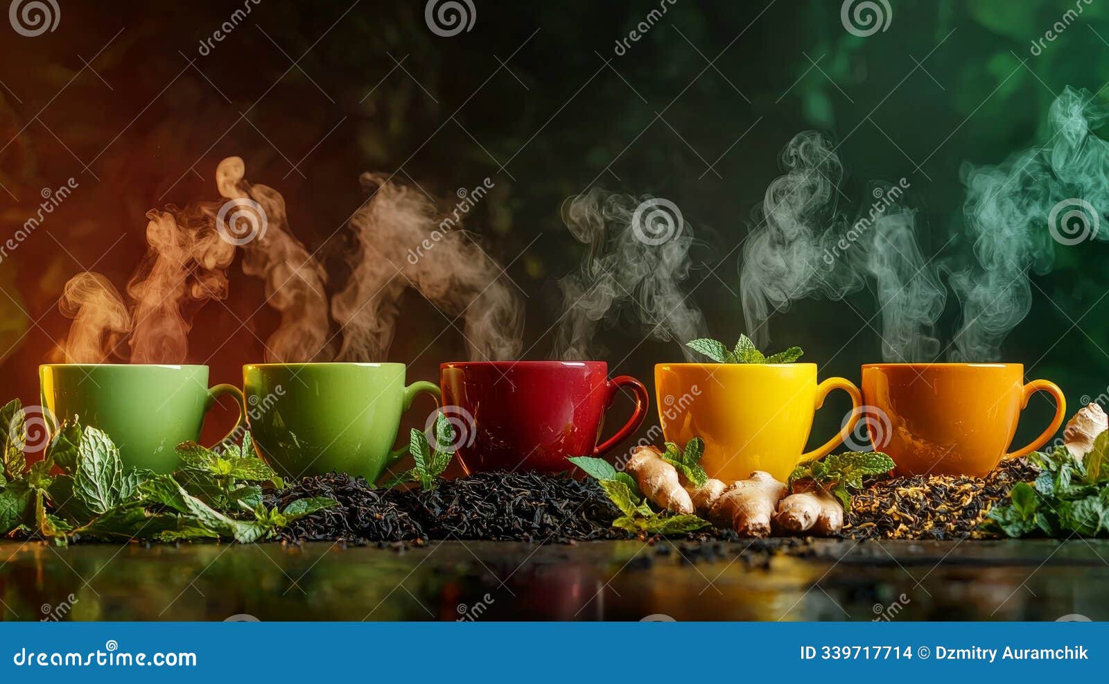 In Front of a Row of Tea Cups, Each Holding a Different Type of Tea ...