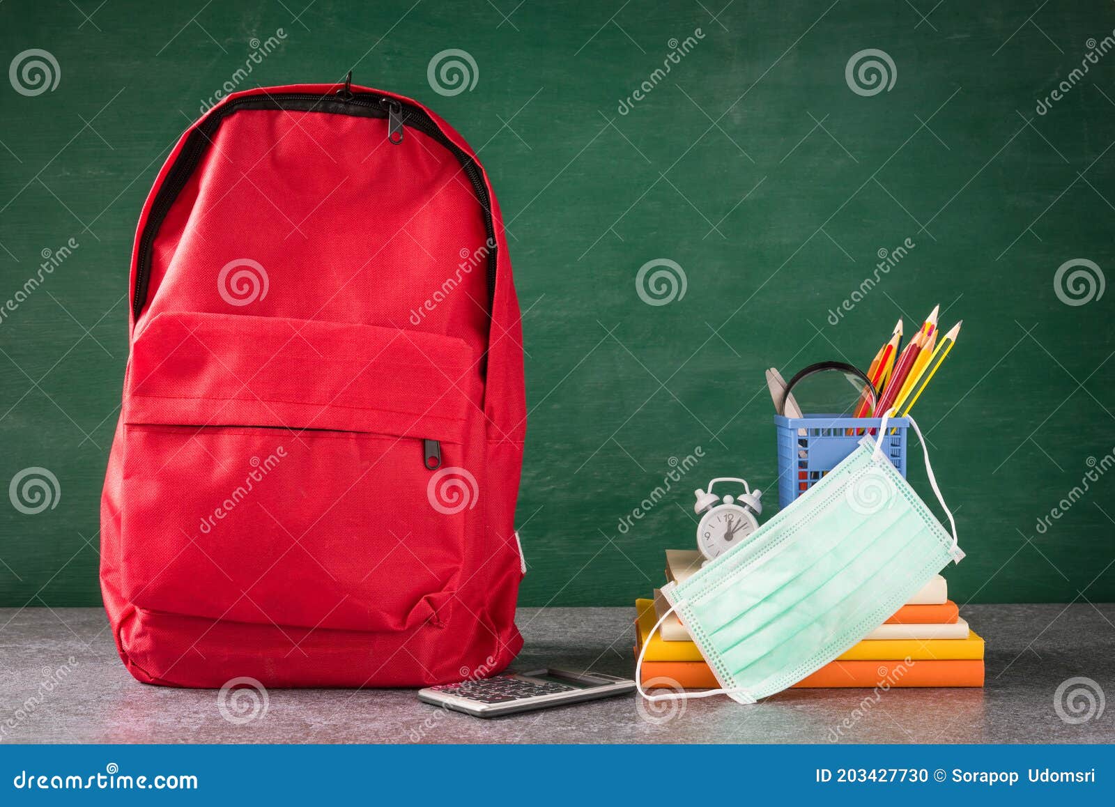 Front School Backpack and Accessories with Face Mask Protect Stock ...