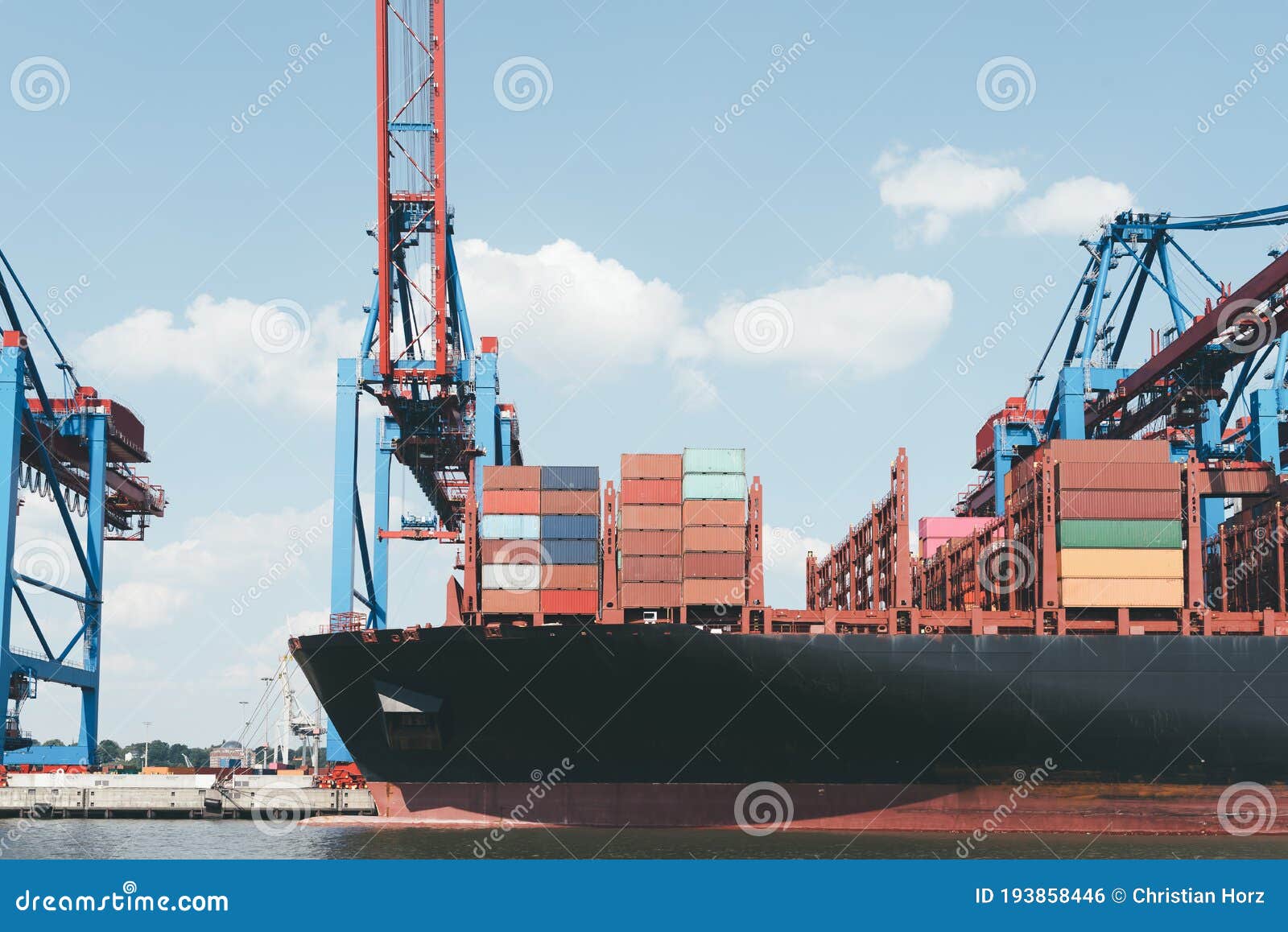 Front Section of Large Container Ship at Pier Unter Gantry Cranes Stock ...