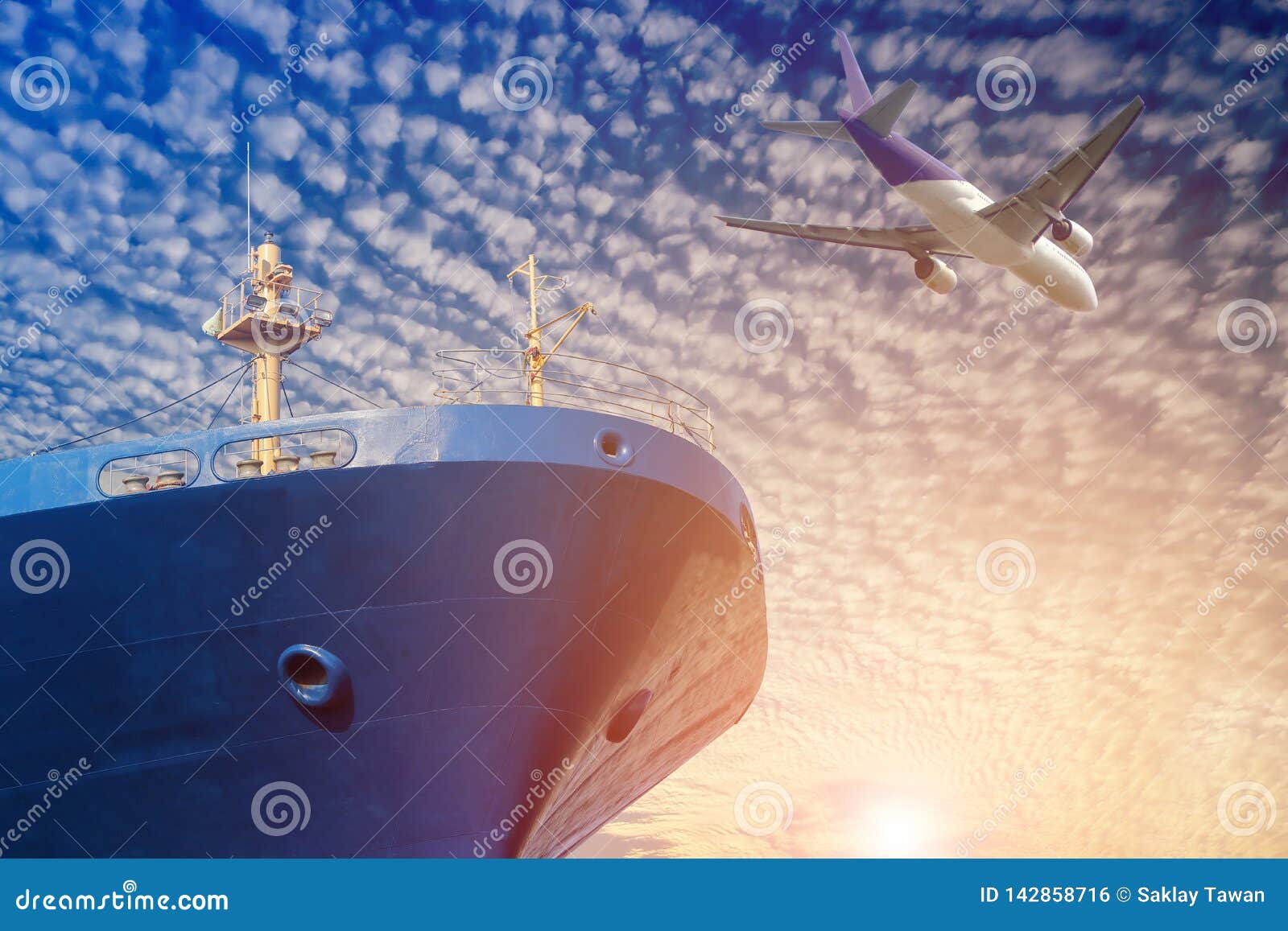 Front Ship with a Plane on Blue Sky Background Stock Photo - Image of ...