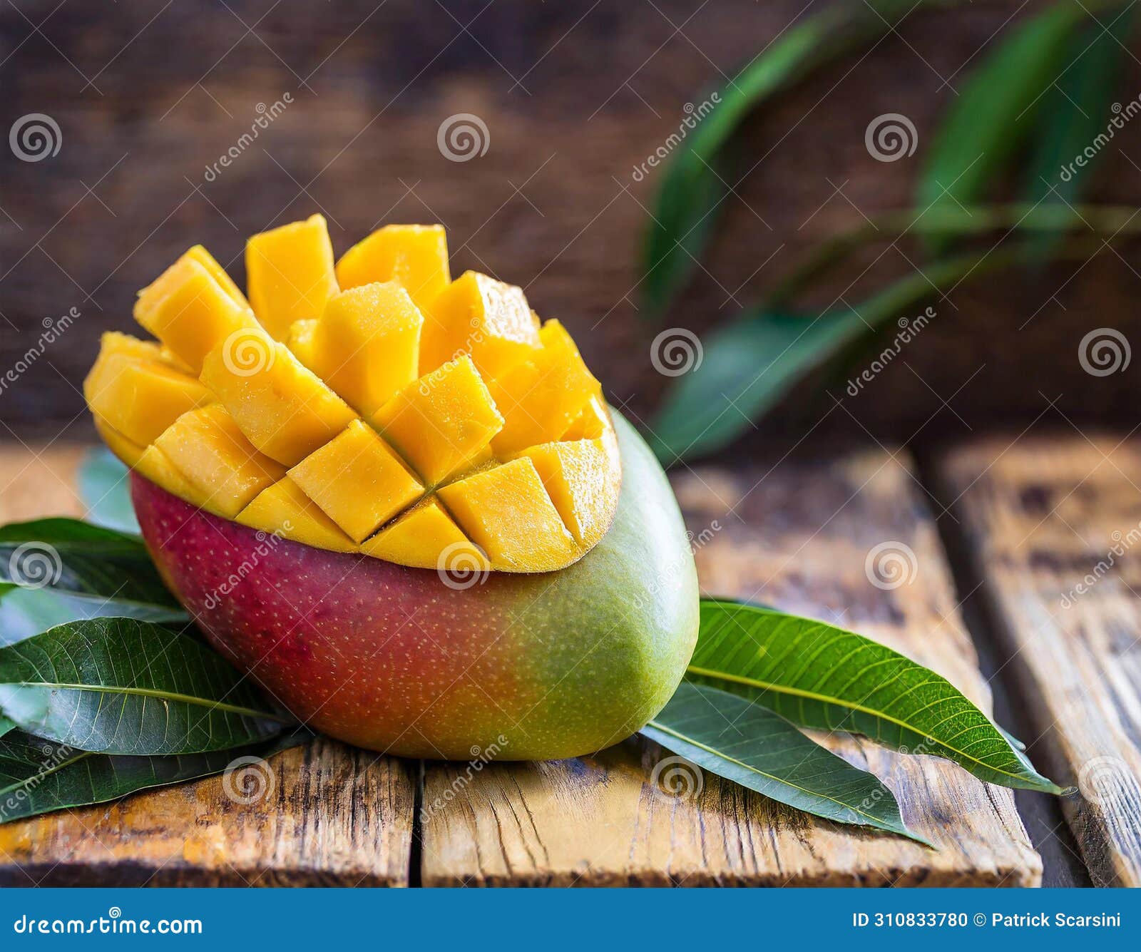 Front Shot of the Inside of the Mango Fruit on a Wooden Kitchen Table ...