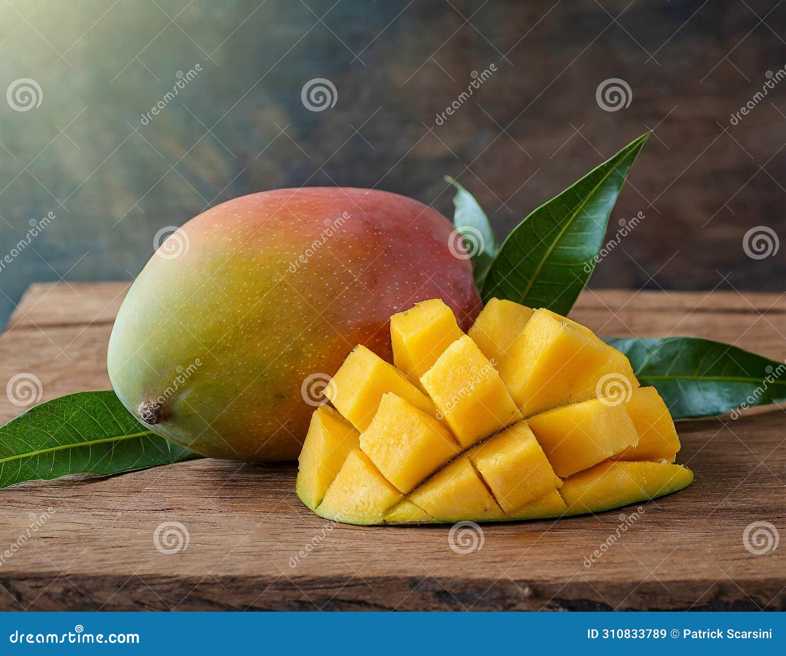 Front Shot of the Inside of the Mango Fruit on a Wooden Kitchen Table ...