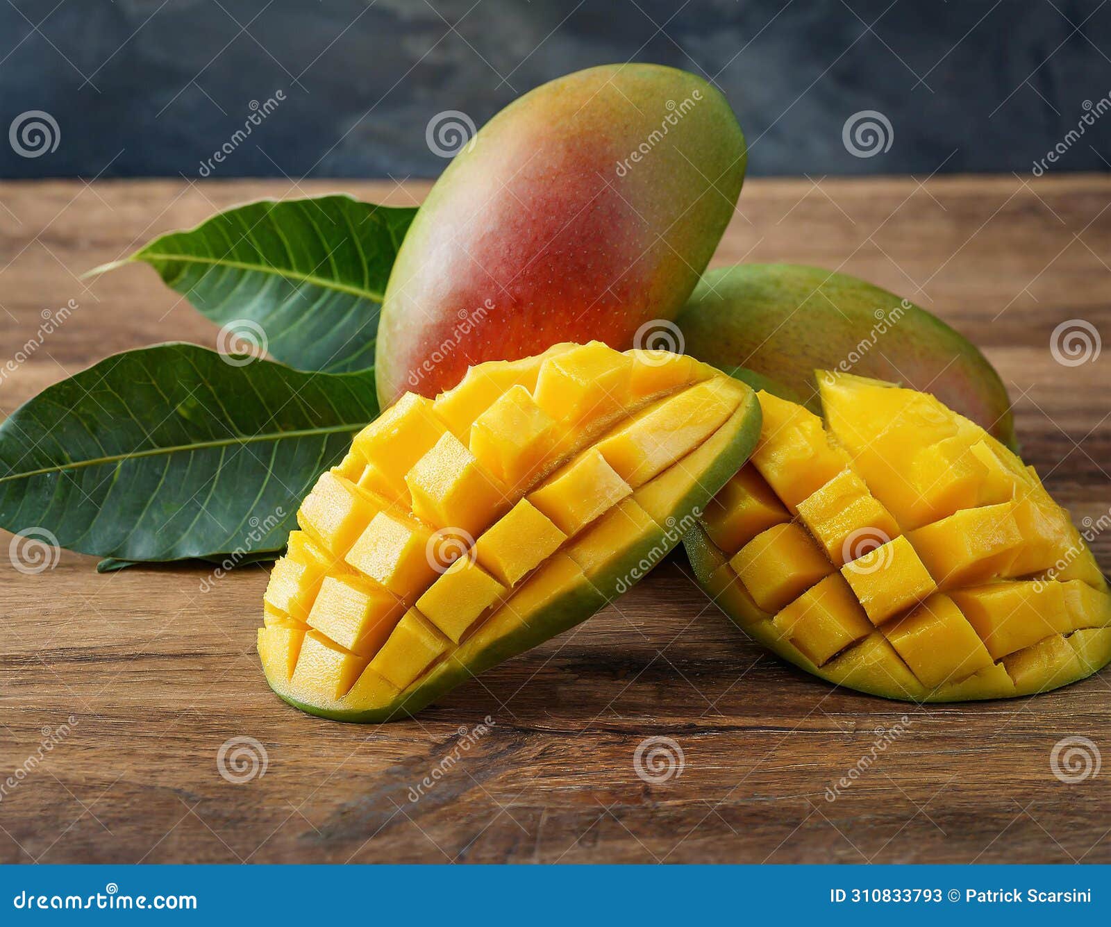 Front Shot of the Inside of the Mango Fruit on a Wooden Kitchen Table ...