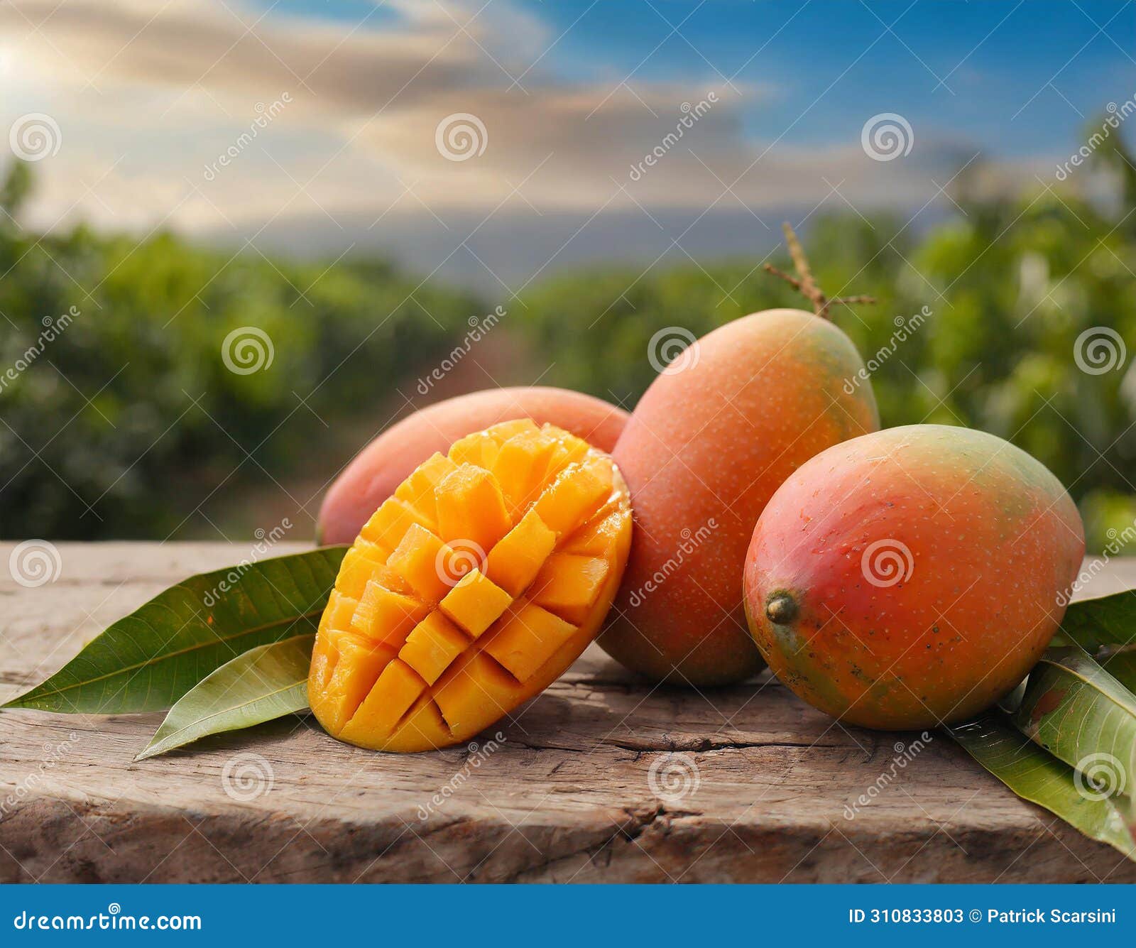 Front Shot of the Inside of the Mango Fruit on a Wooden Kitchen Table ...