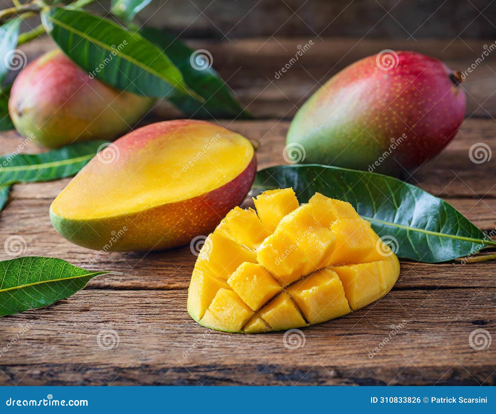 Front Shot of the Inside of the Mango Fruit on a Wooden Kitchen Table ...