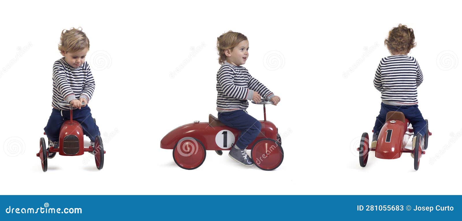 Front, Side and Back View of a Same Baby Boy Playing and Driving a Car ...