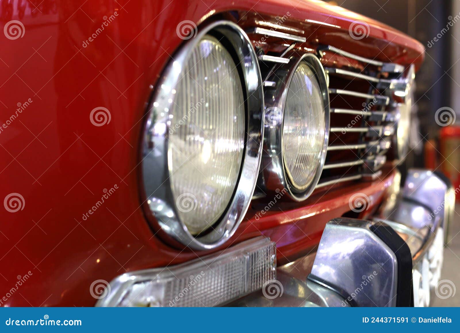 Front Side Head Lights an Bumper of a Red Colored Antique Car Stock ...