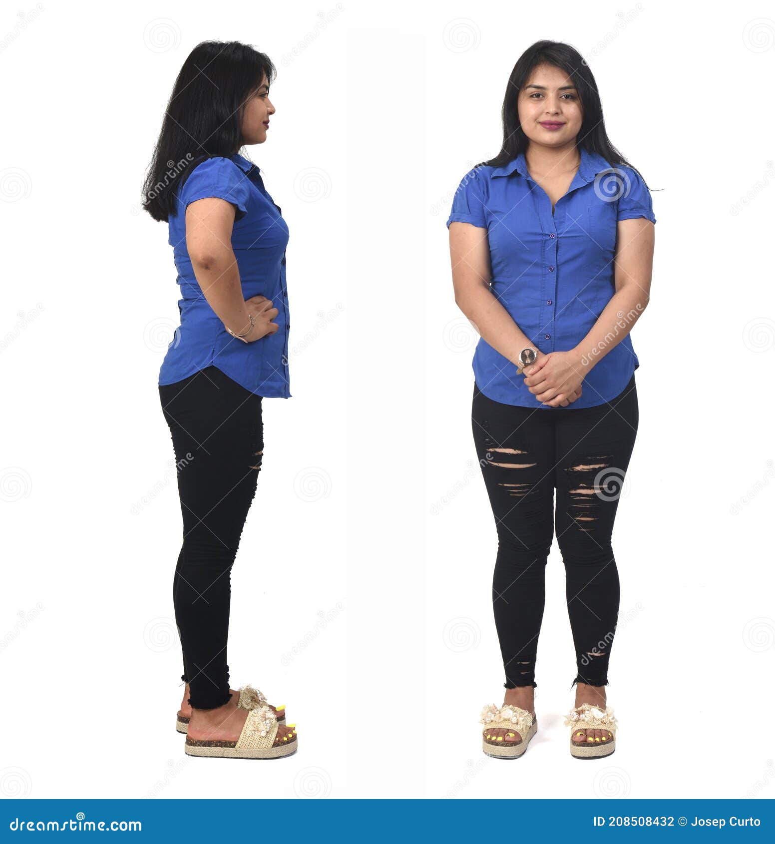 Front and Side View of Same Woman on White Background Stock Photo ...