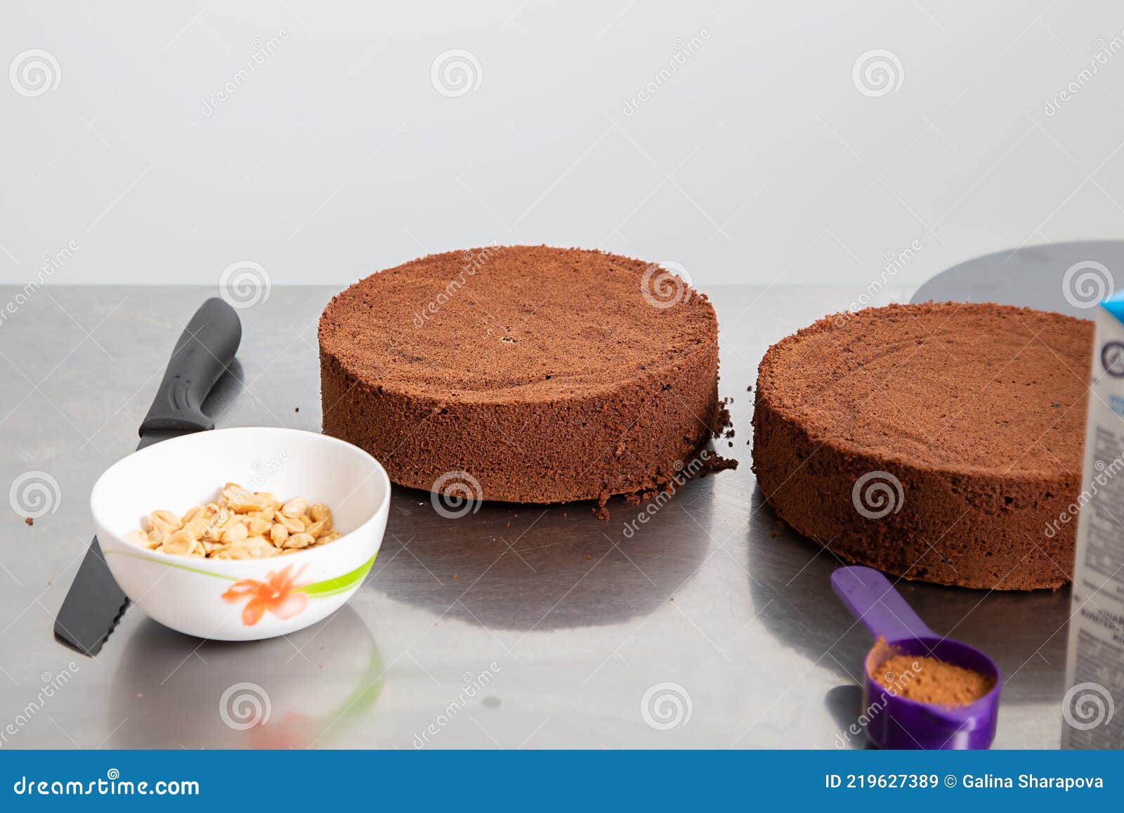Front Side View of Two Thick Layers of Baked Chocolate Sponge Cake on ...