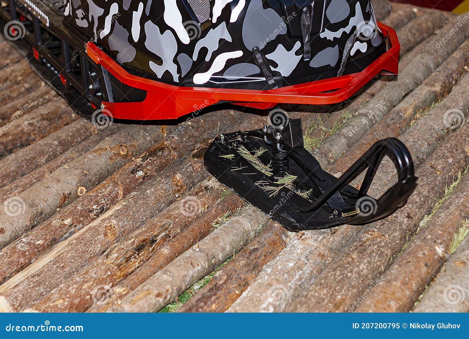 Front Snowmobile Ski. on Wooden Logs. Front and Top View Stock Image ...
