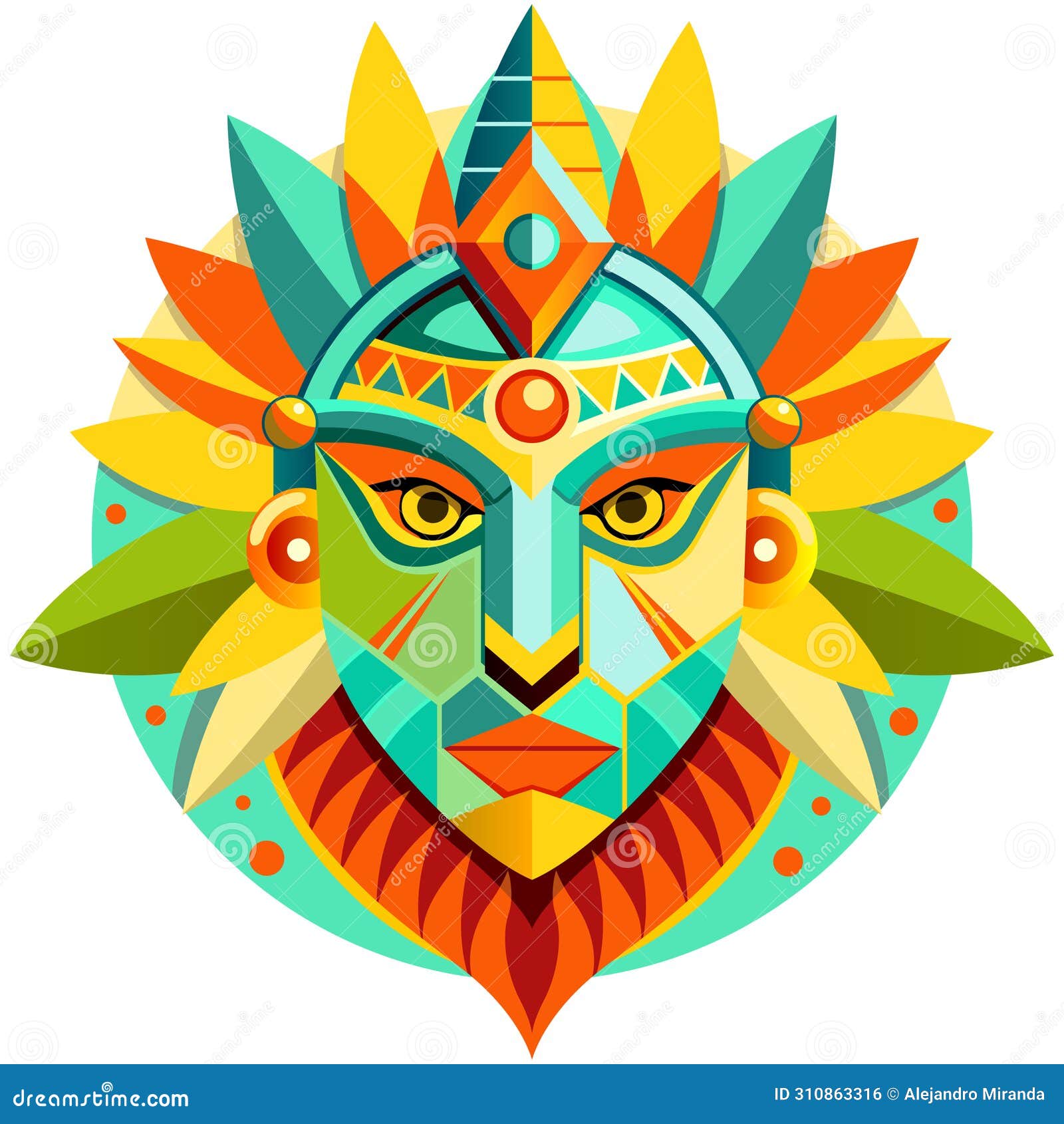 Front View of African Man Mask in Geometric Style with Warm Colors ...