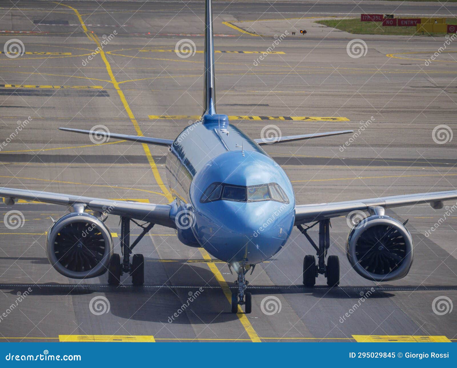Front View of an Airplane in Motion on the Runway Stock Image - Image ...