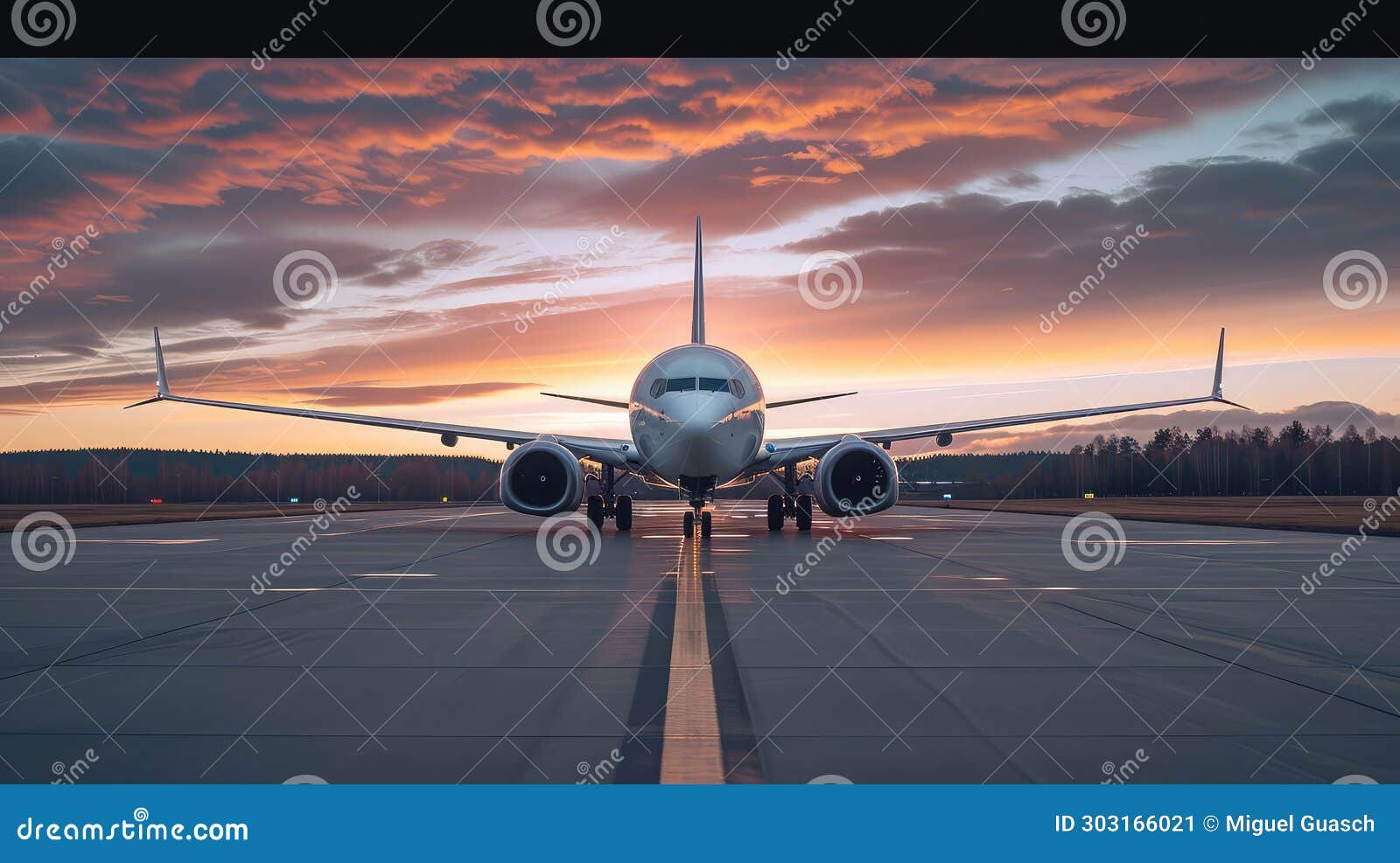 Front View of an Airplane on the Runway at Sunset Stock Image - Image ...