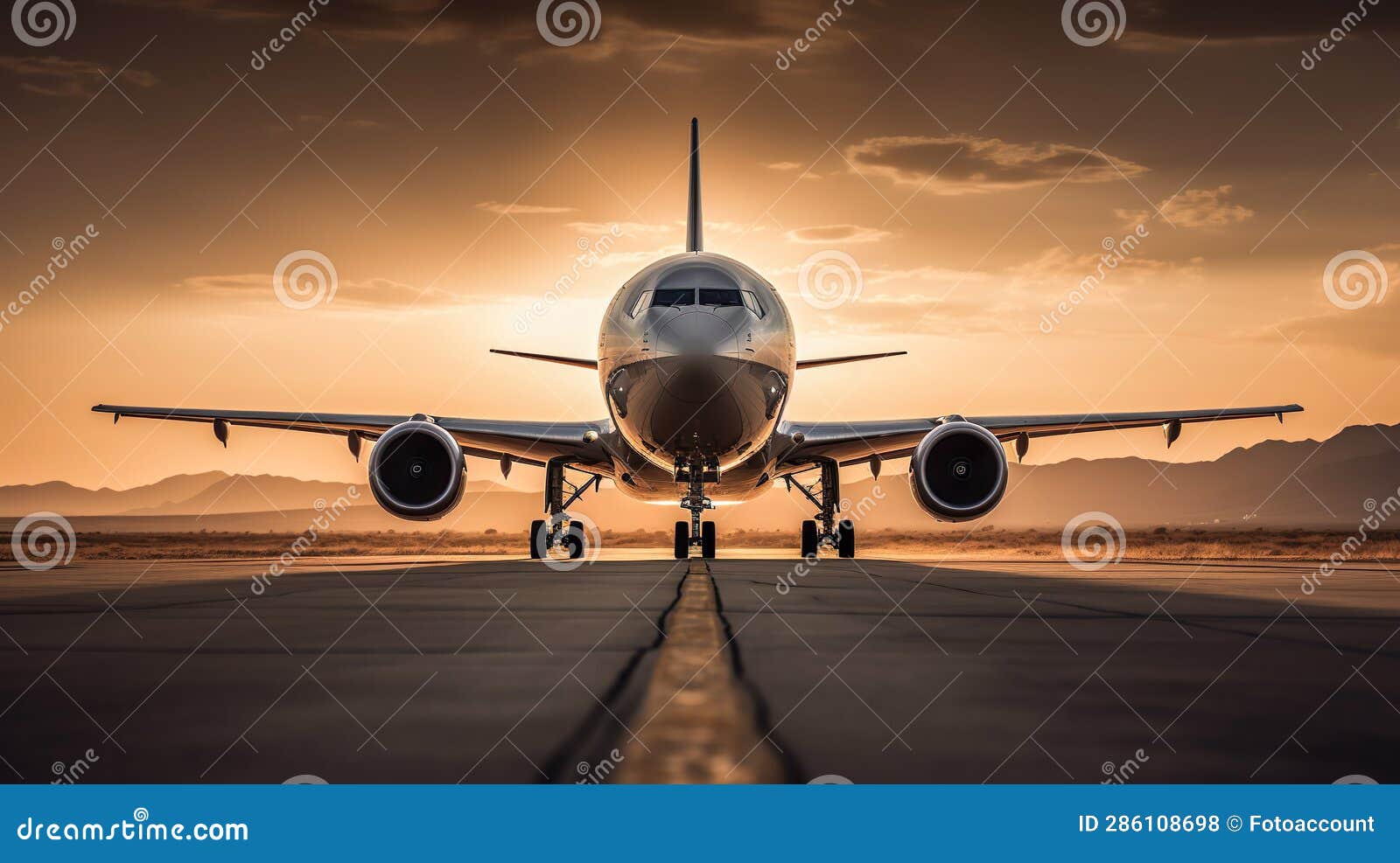 Front View of an Airplane Taking Off on the Runway at Sunset ...