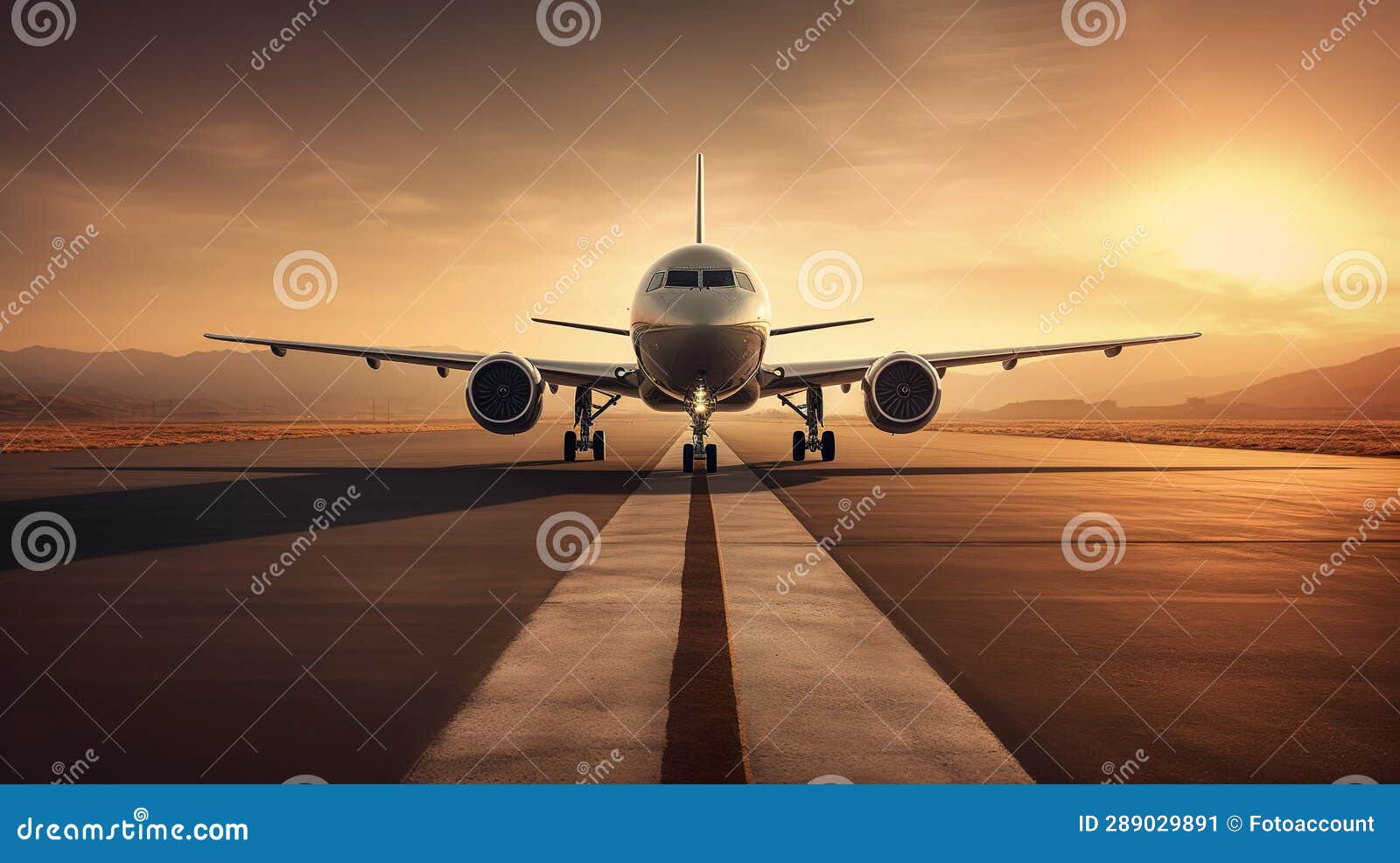 Front View of an Airplane Taking Off on the Runway at Sunset ...