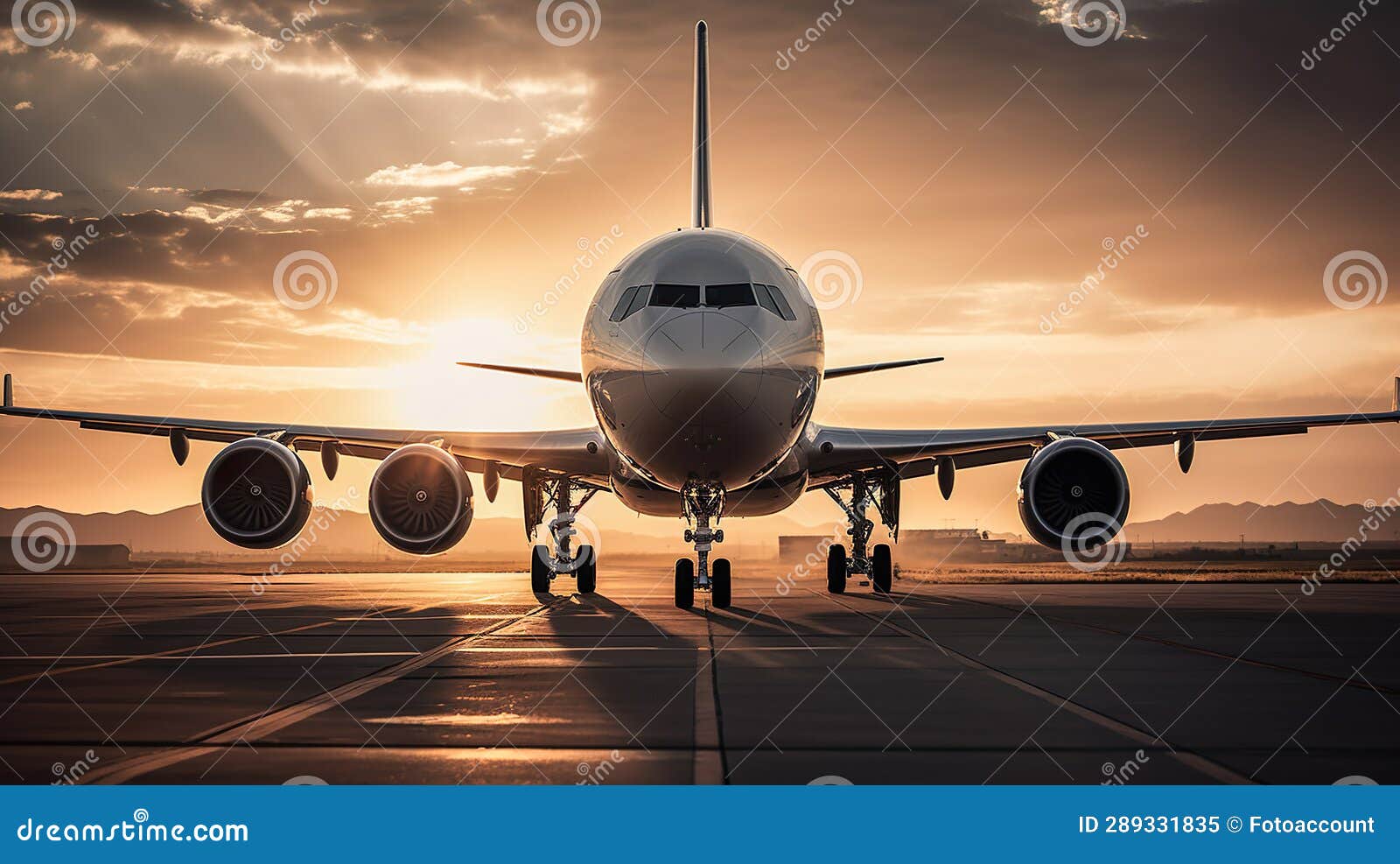 Front View of an Airplane Taking Off on the Runway at Sunset ...